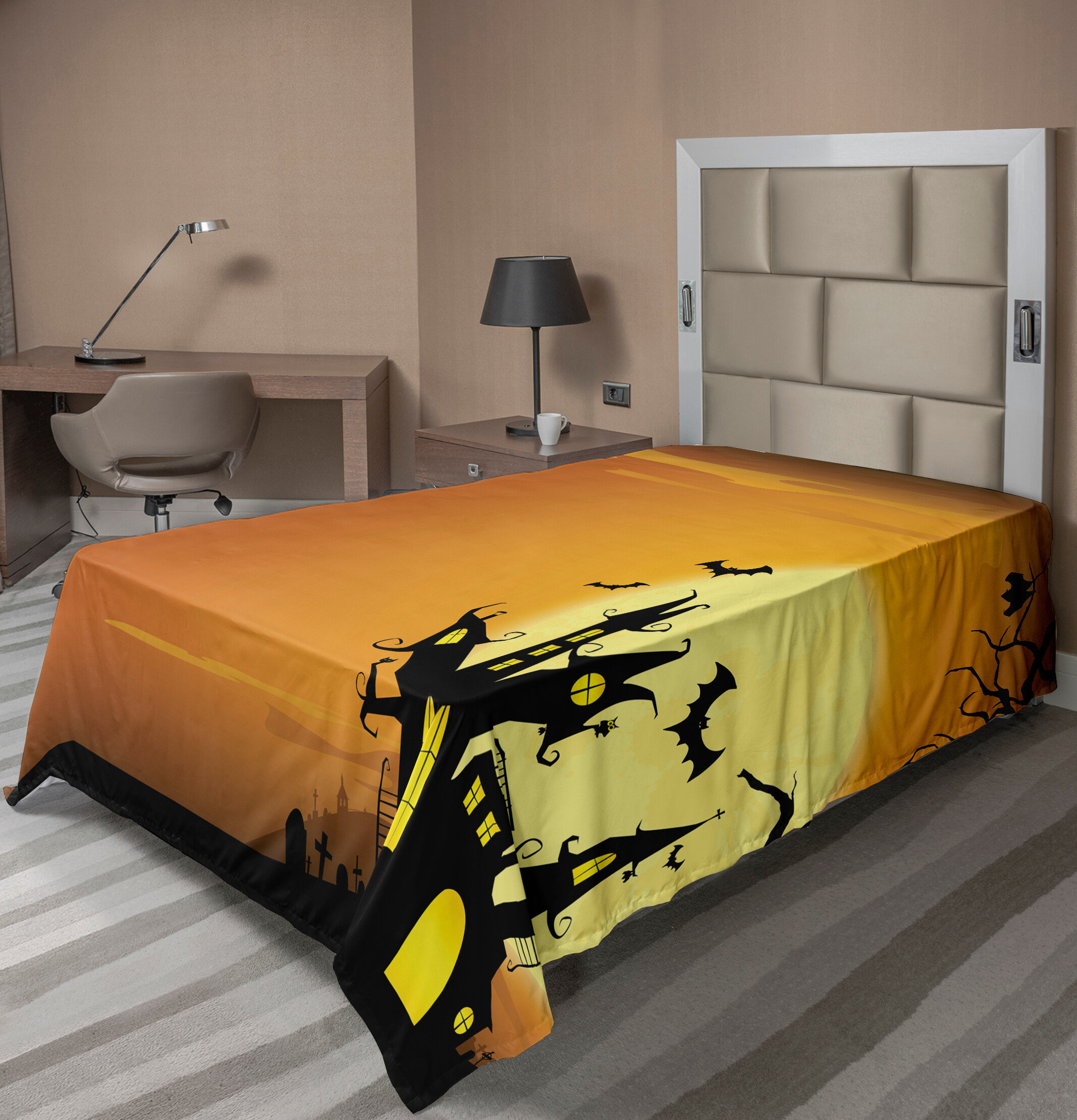 Ambesonne Halloween Top Flat Sheet Haunted House Orange Black | Wayfair