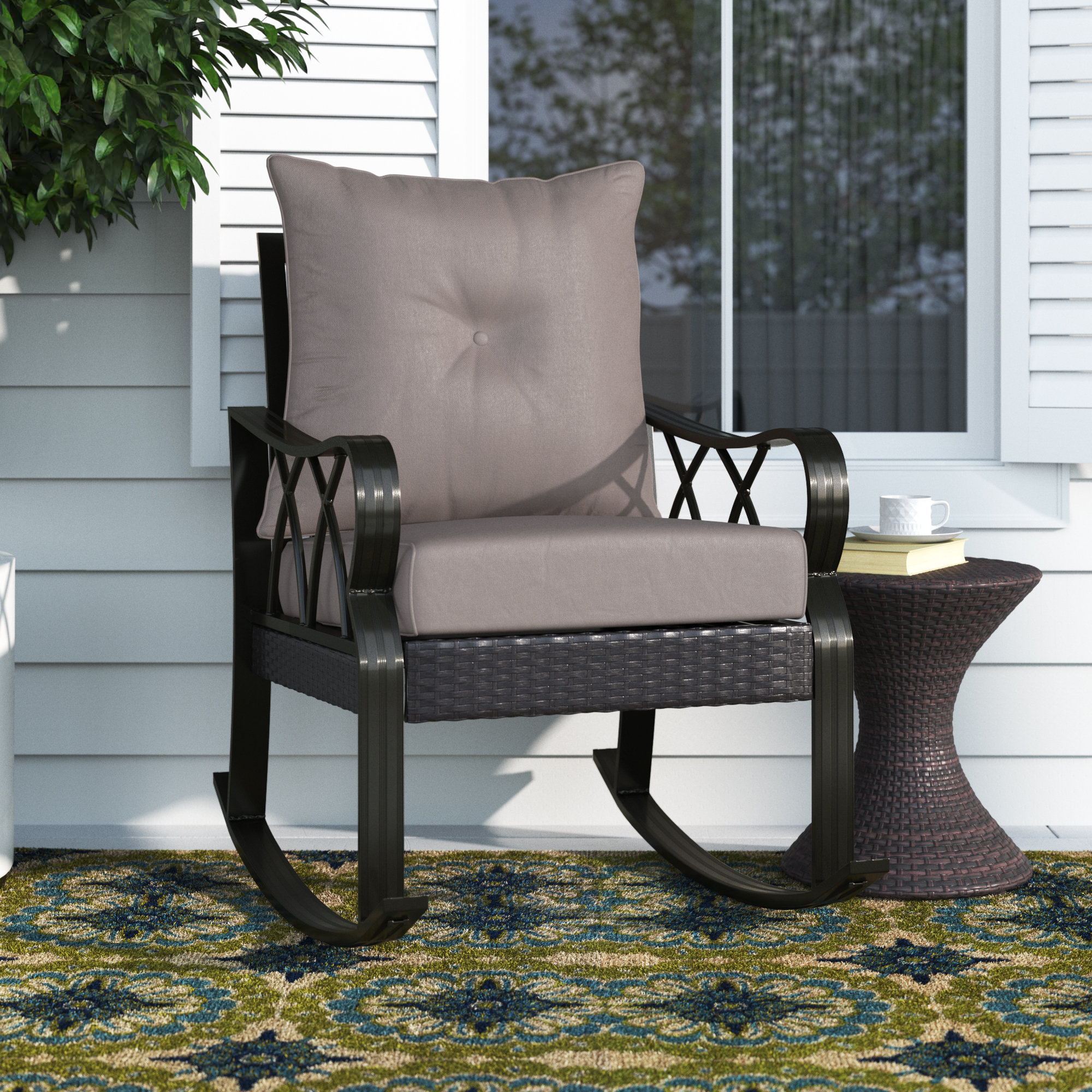 Lark Manor Outdoor Wicker Rocking Chair with Padded Cushions, Aluminum ...