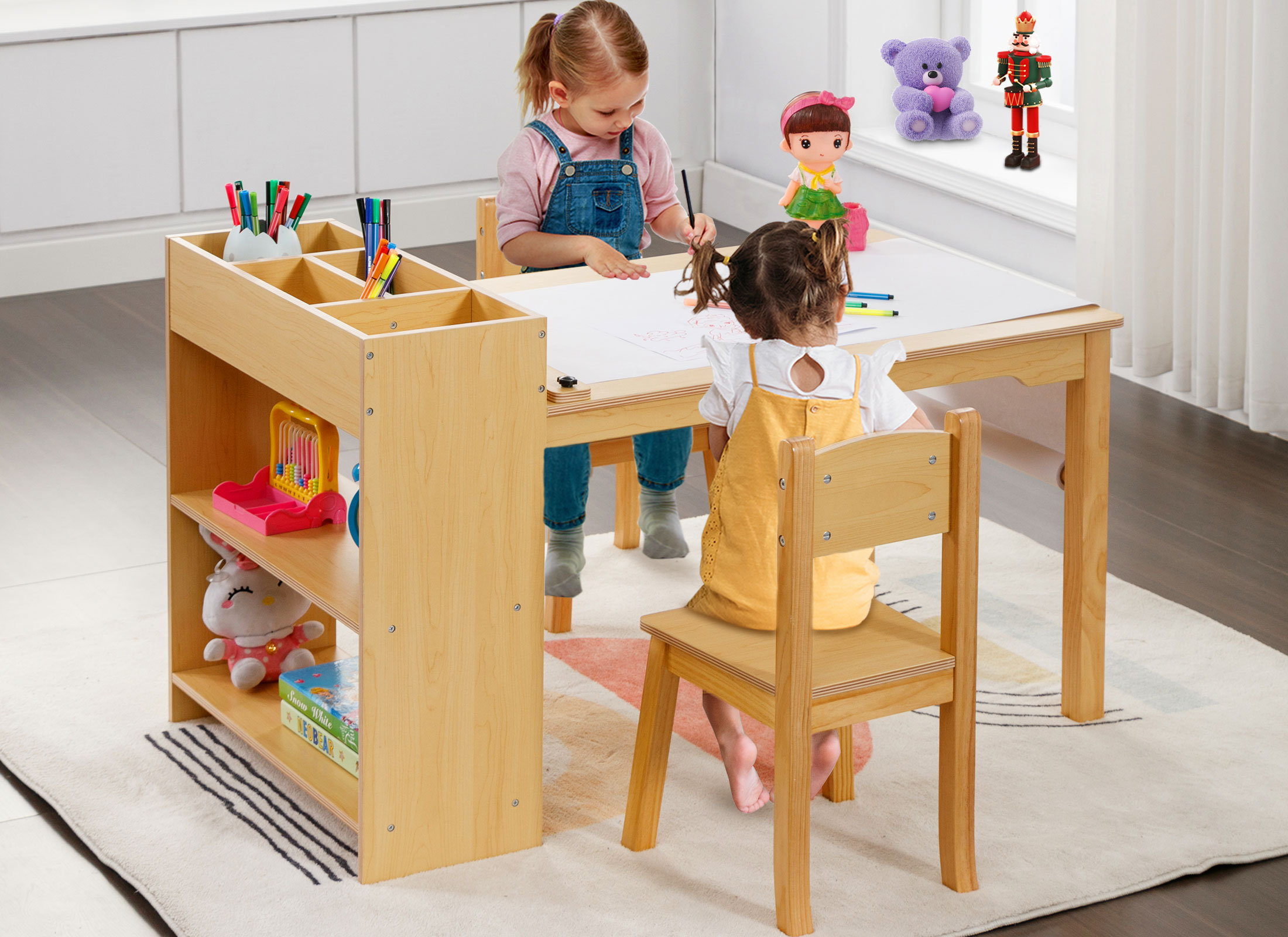 Harriet Bee Jahmi Wooden Kids Art Table, Kids Craft Table with 2 Chairs ...