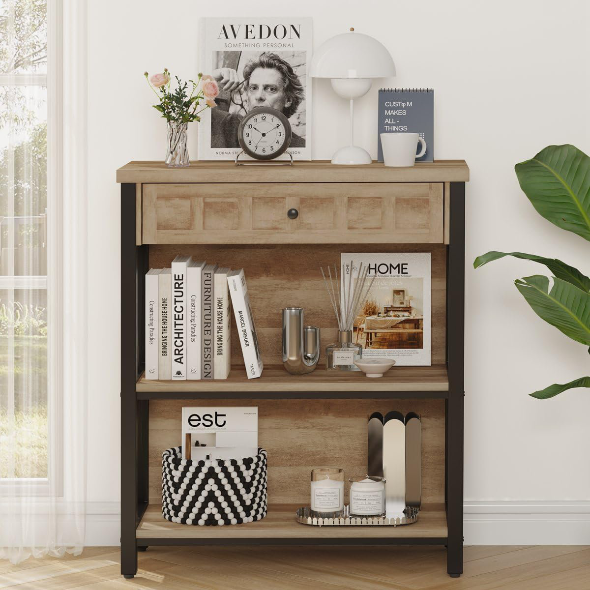 Gracie Oaks Rustic Bookshelf With Drawer, Industrial Wood And Metal ...