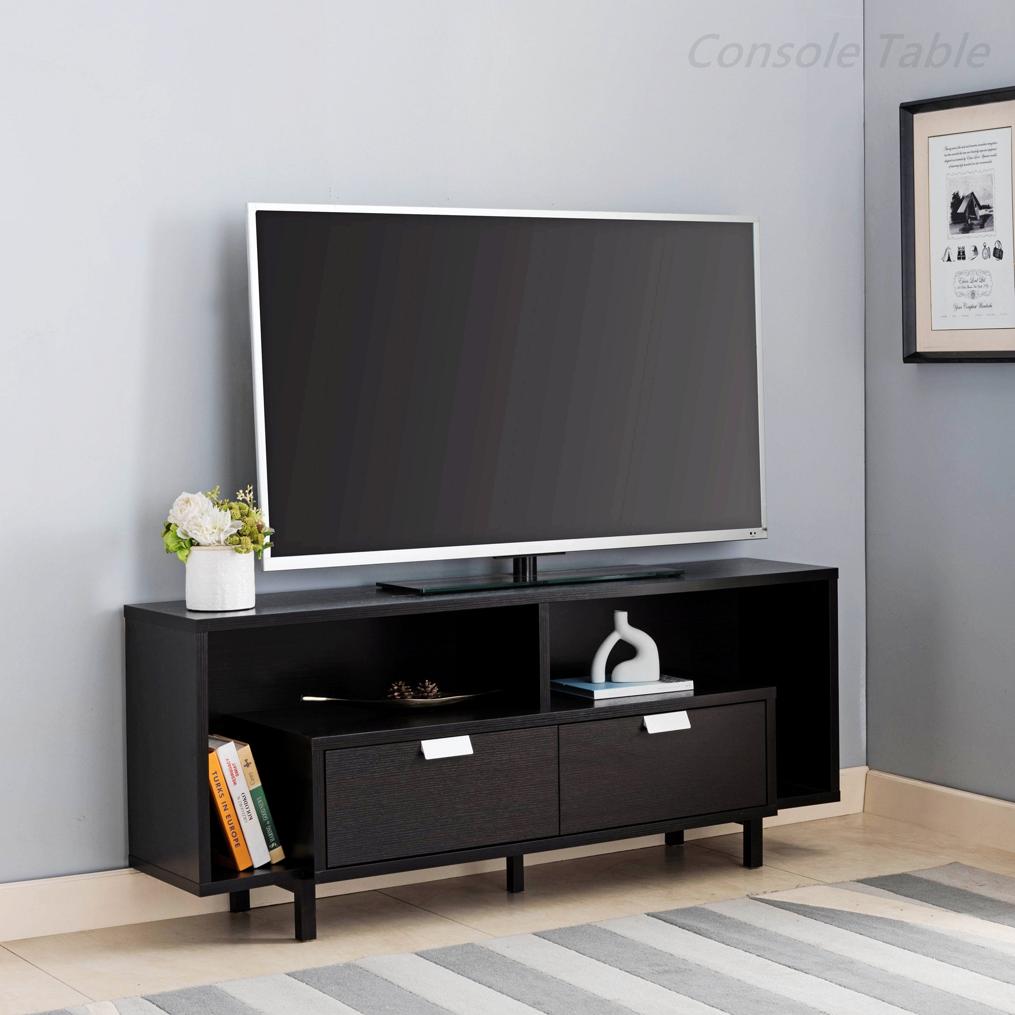 Ebern Designs Modern Console Table TV Stand with 2 Drawers and Open ...
