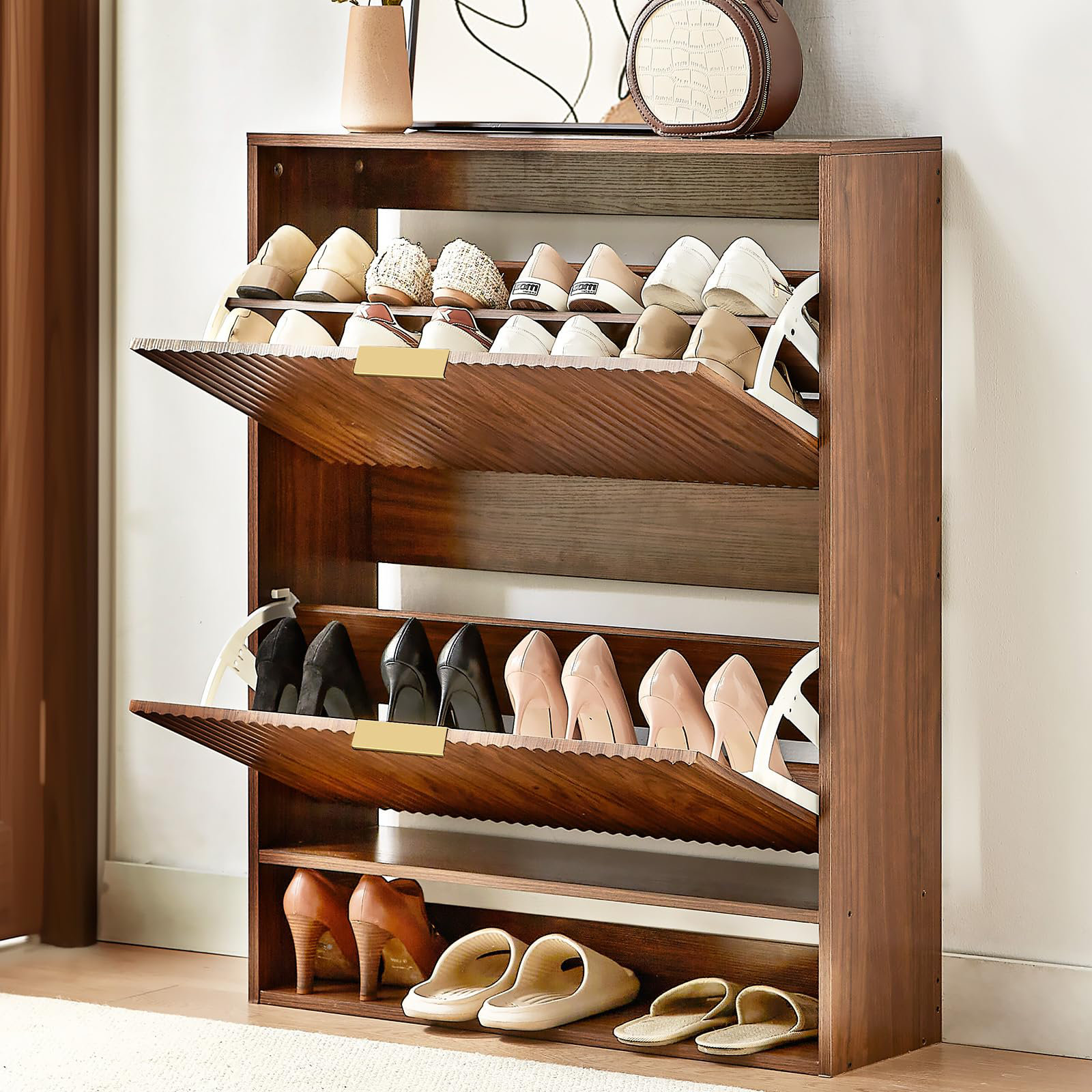 Latitude Run® 31.5''w Walnut Slim Shoe Cabinet, Fluted Hidden Shoe ...