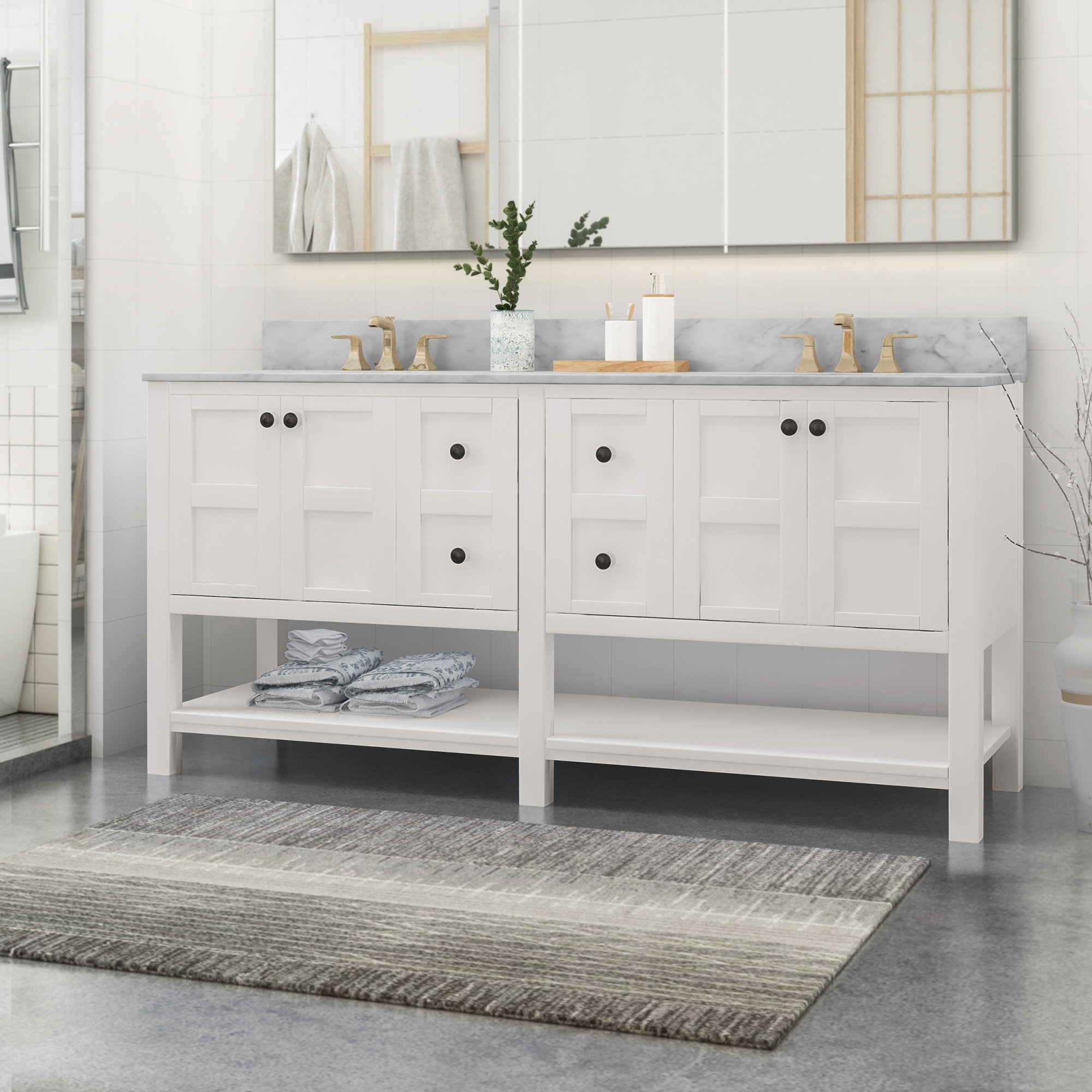 Red Barrel Studio Elegant 73'' White Bathroom Vanity With Marble Top ...