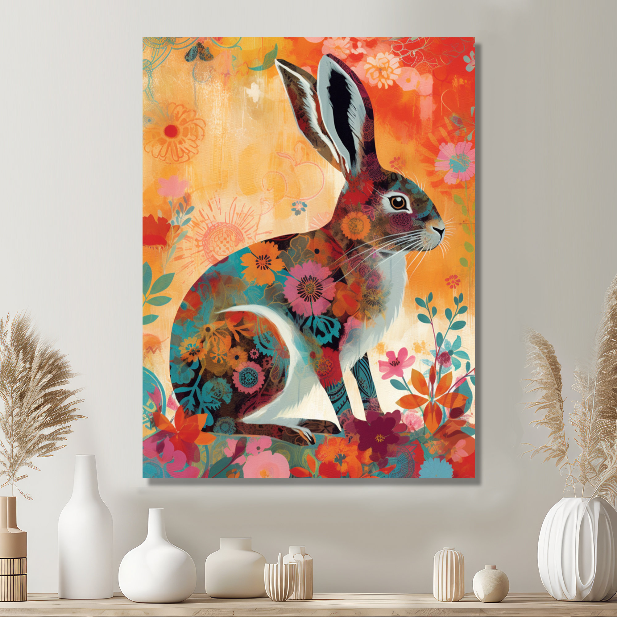 August Grove® Colorful Boho Retro Rabbit Illustration - Rabbit Animal ...