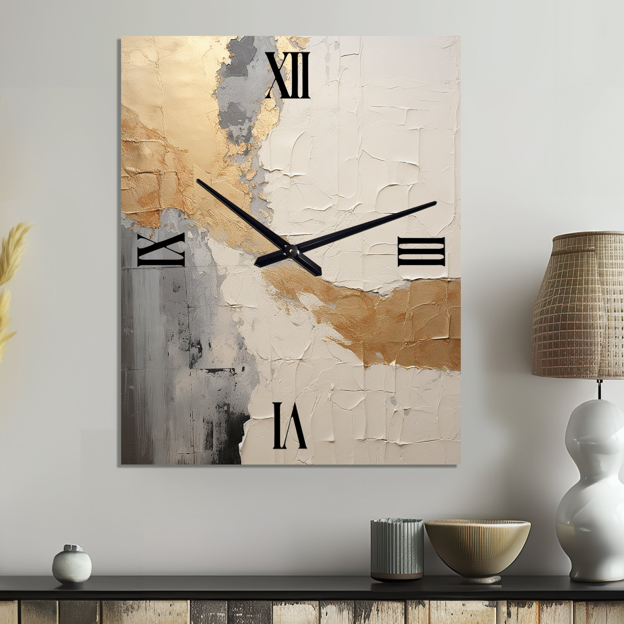 East Urban Home Gold And Beige Paint Fusion - Abstract Metal Wall Clock ...