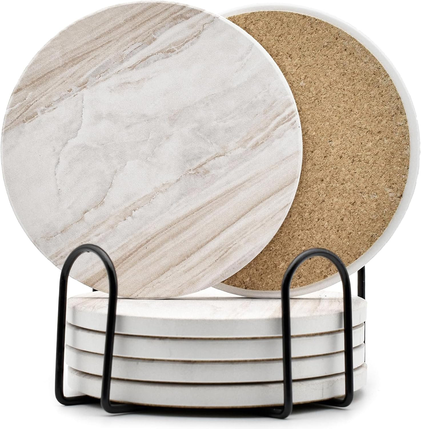 Latitude Run® Marble Style Absorbent Ceramic Coaster Set With Holder, 6 ...