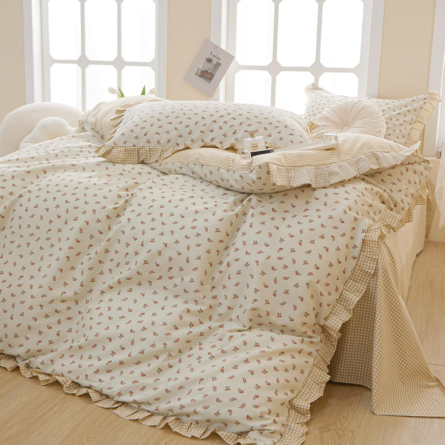 MODVAT 3PCS Ruffle Cotton Comforter Cover Boho Yellow Checked and Small ...