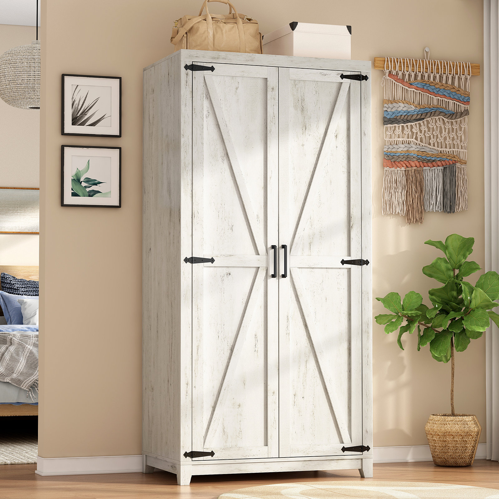 Gracie Oaks 70" Farmhouse Large Armoire Wardrobe Closet With Hanging ...