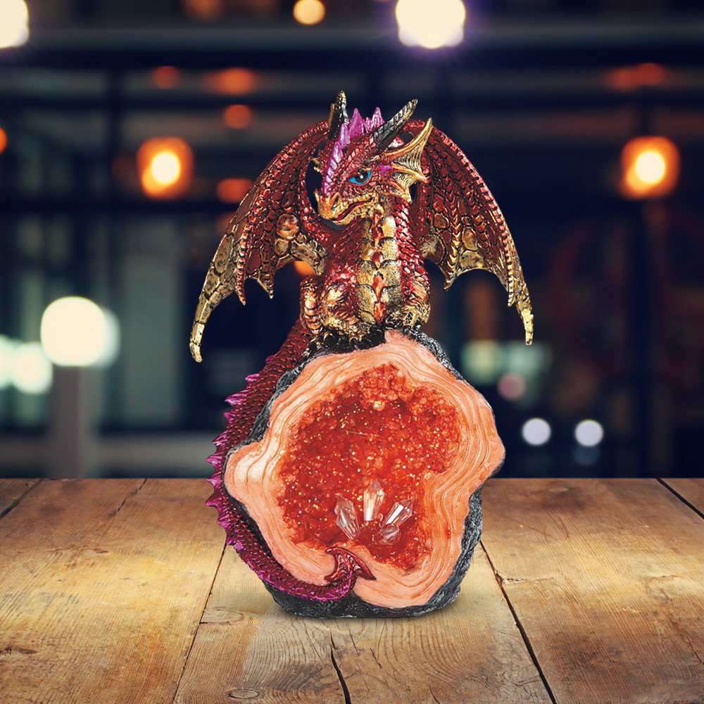 Trinx 8"H Red Volcano Dragon Guarding Faux Crystal Cave Figurine | Wayfair
