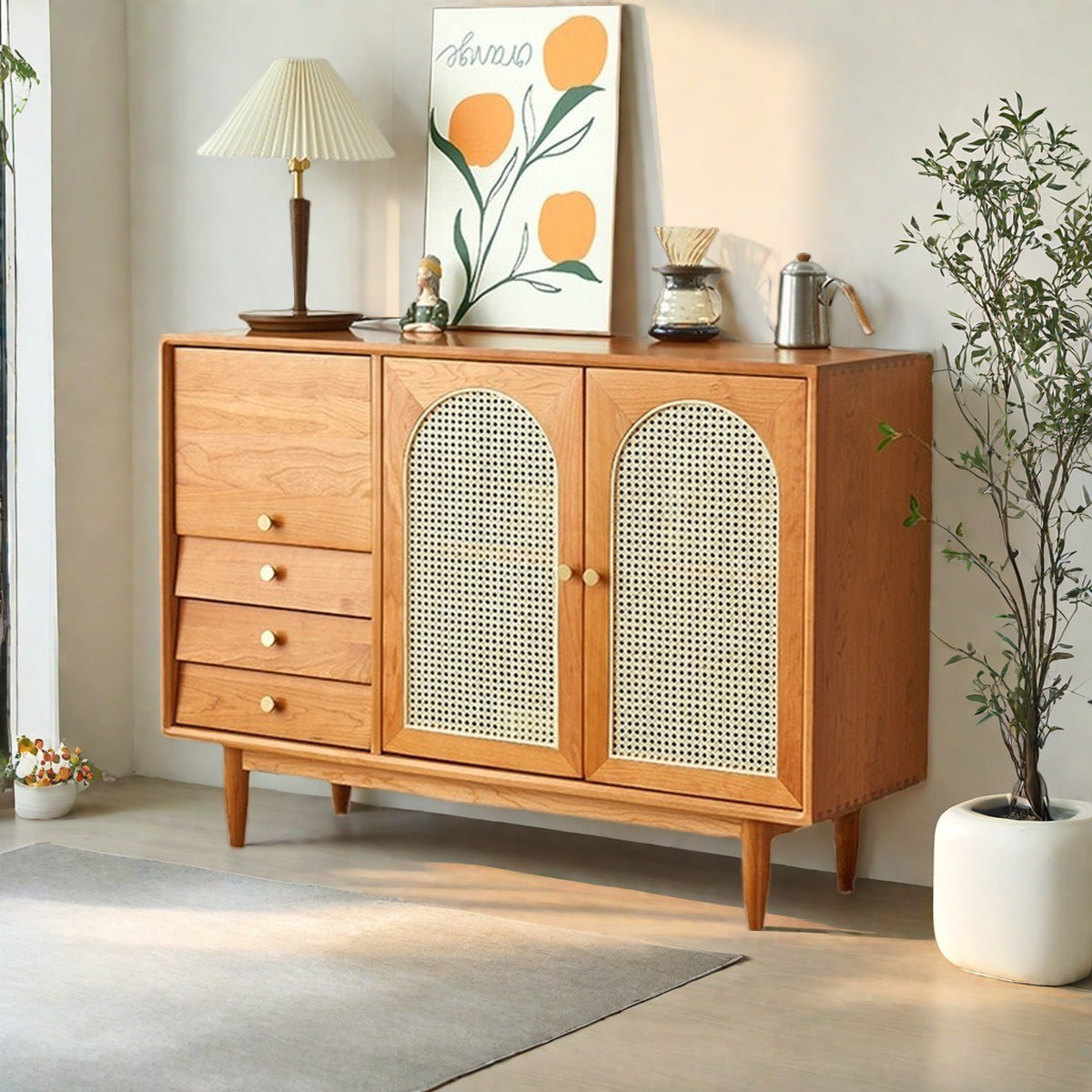NICECABINET Modern Versatile Cherry Wood Rattan Sideboard | Wayfair