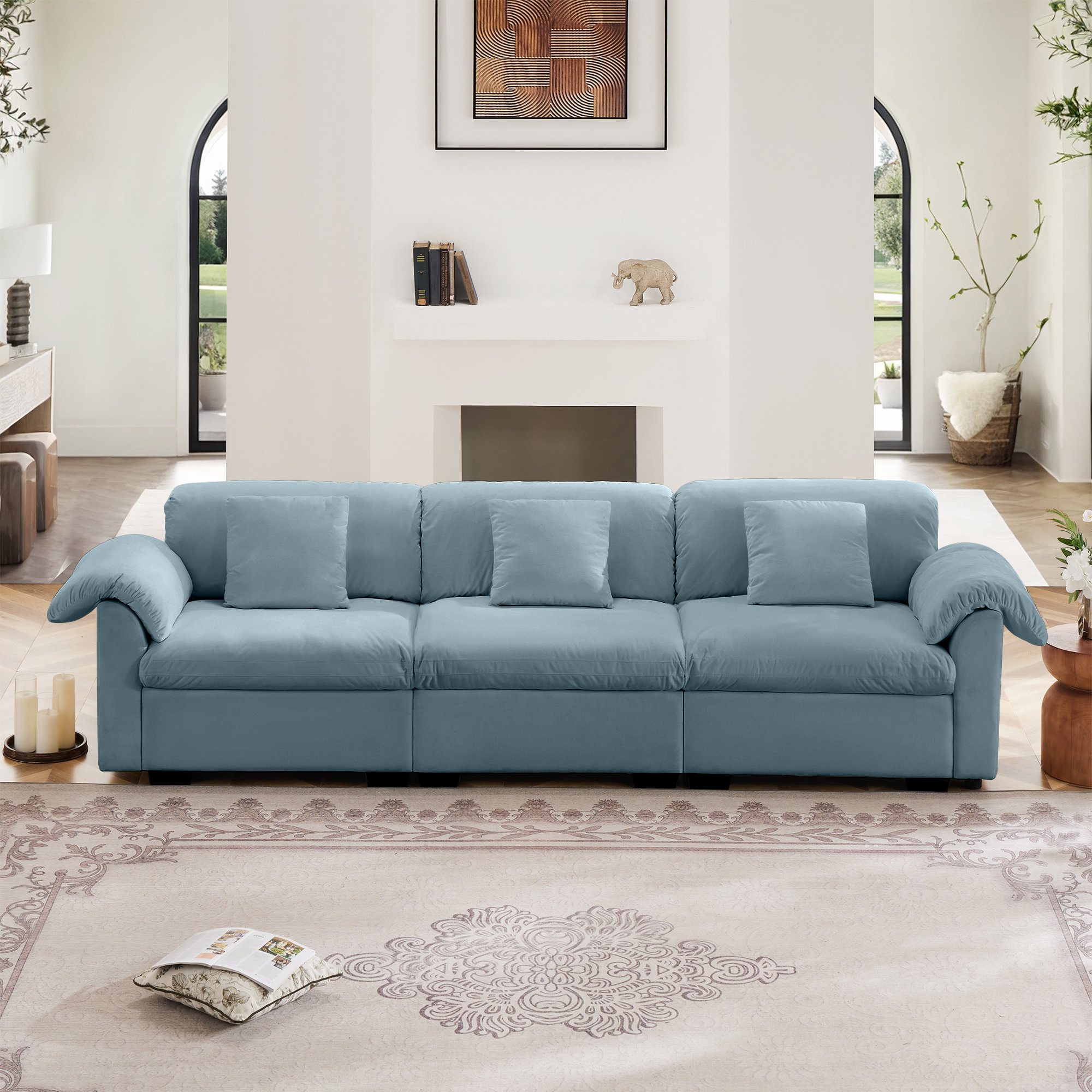 Everly Quinn Extra large 3-seater velvet sofa with storage under each ...