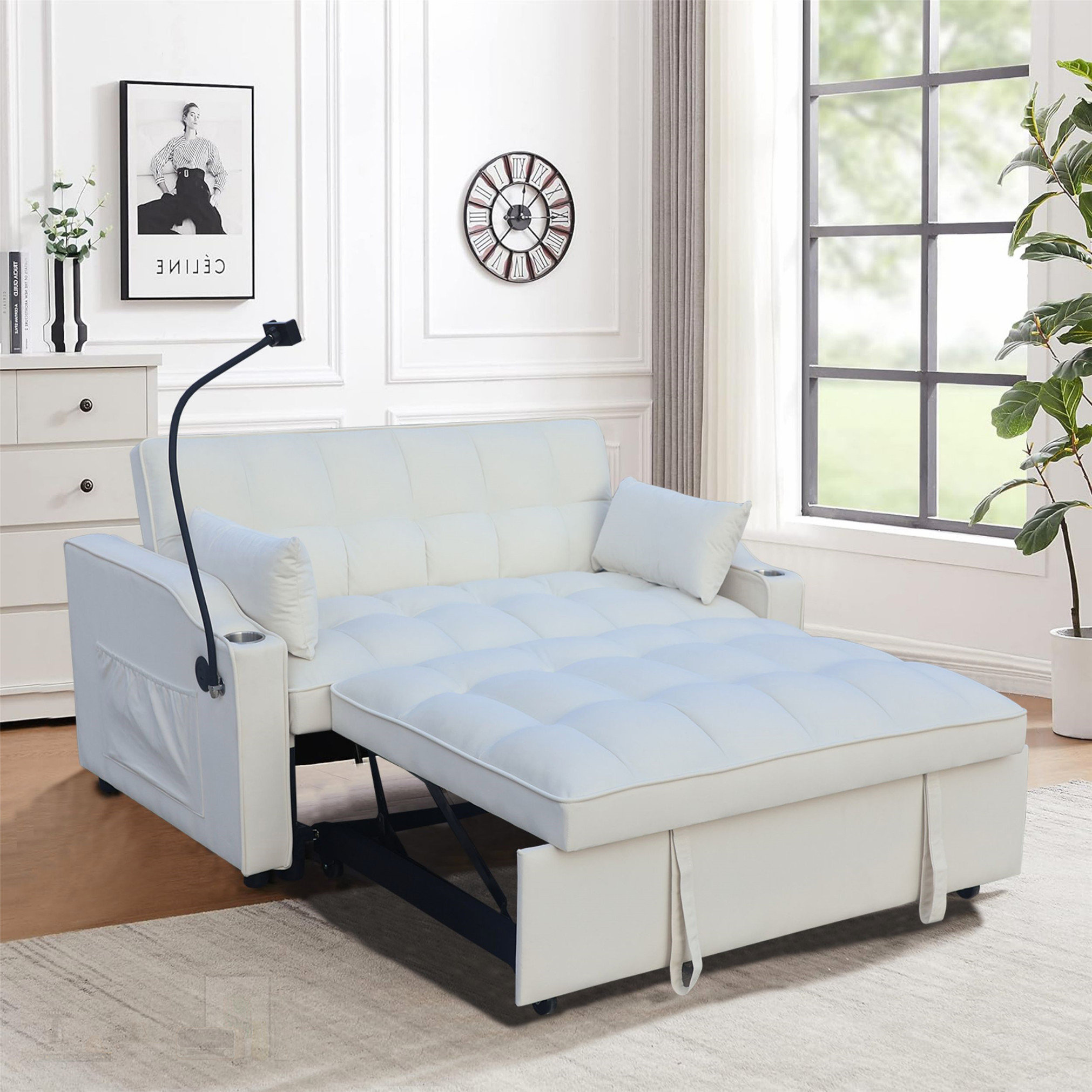 Latitude Run® Convertible Loveseat Futon Sofa with Pullout Bed and Adjustable Reclining Backrest ...