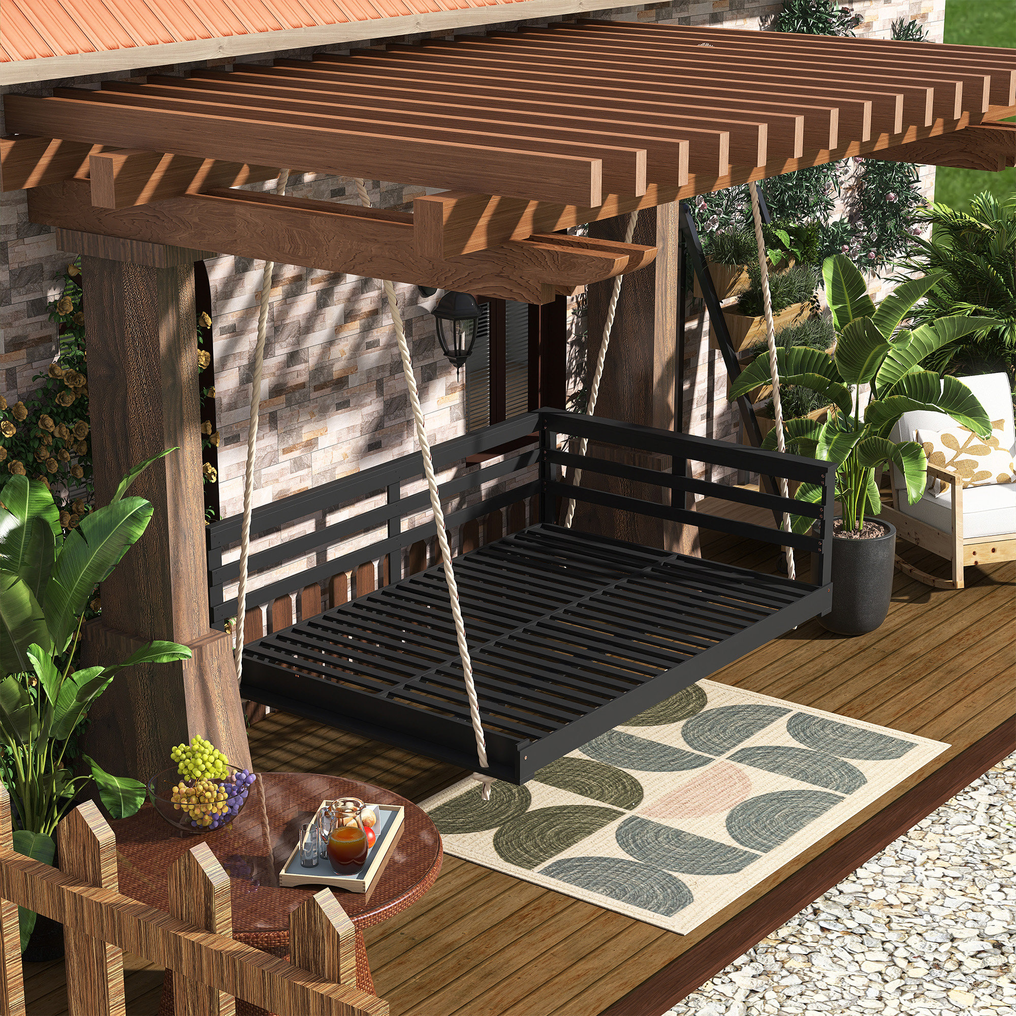 FONHOL Full Size Outdoor Porch Swing Bed With Minimalist Open-Side ...