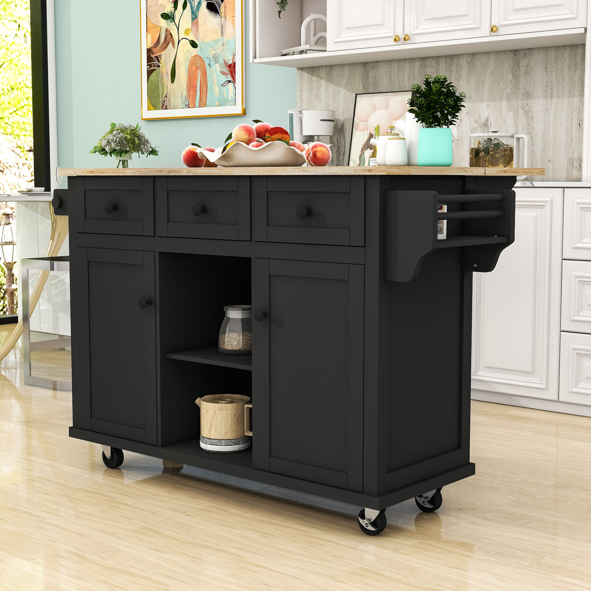 Red Barrel Studio® Rijwan 3 Drawers Kitchen Cart With Rubber Wood Drop ...