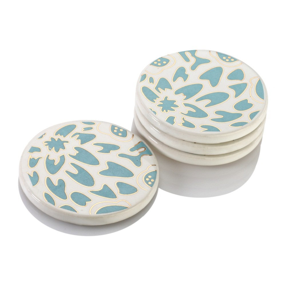 Mascot Hardware Ceramic Round 4 Pieces Aqua & Gold Coaster Set | Wayfair