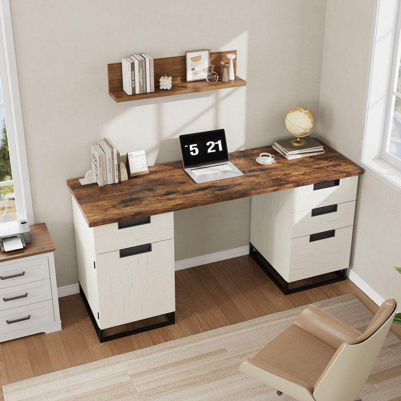 17 Stories 59" Farmhouse Executive Desk, Home Office Desk with File ...