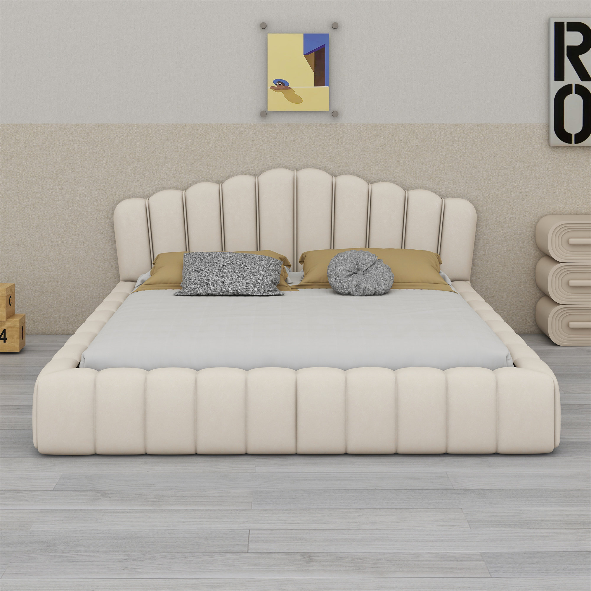 Mercer41 Upholstered Bed Frame Floor Bed Shell-Shaped Headboard | Wayfair