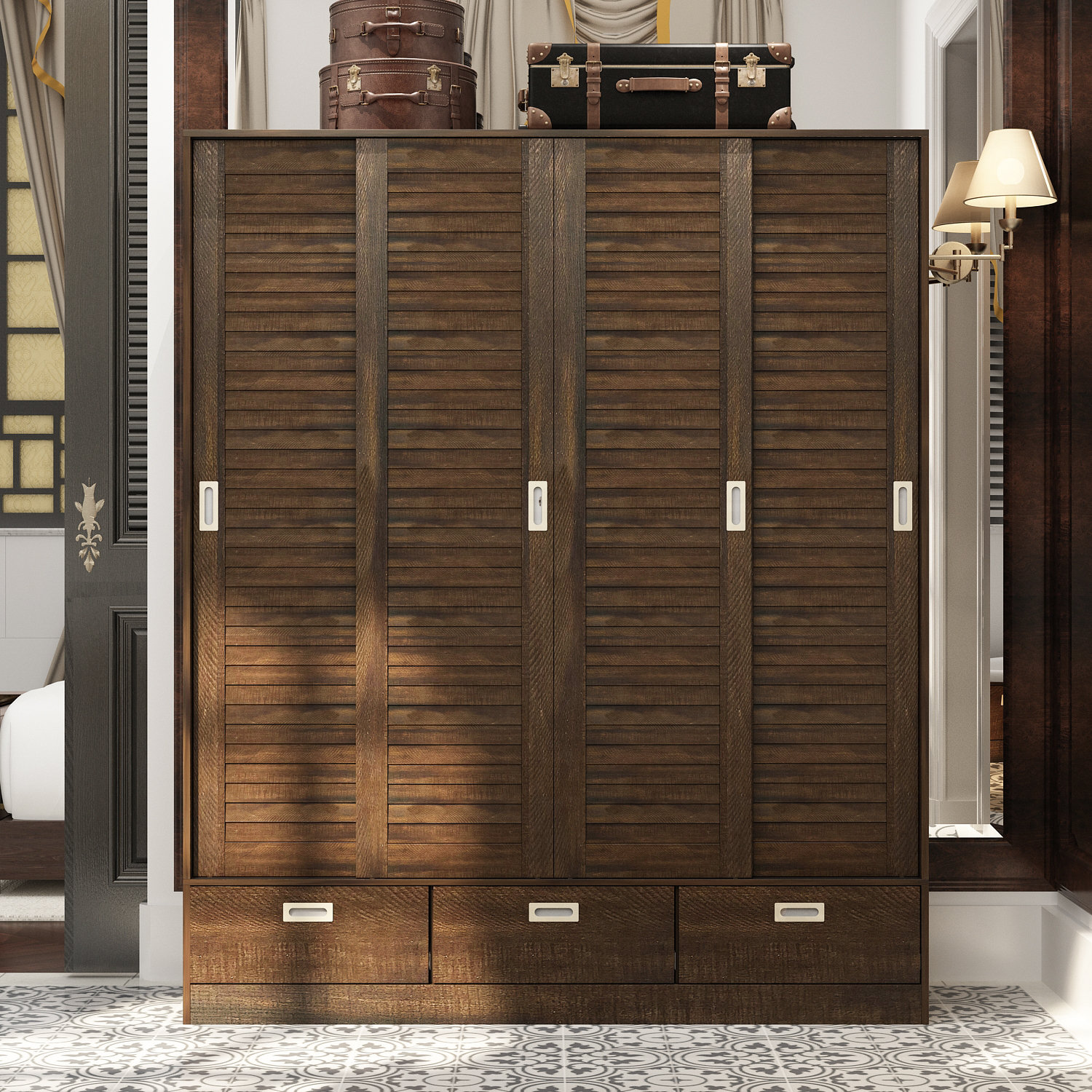 Latitude Run® Retro Wardrobe With 4 Sliding Door And 3 Drawers ...