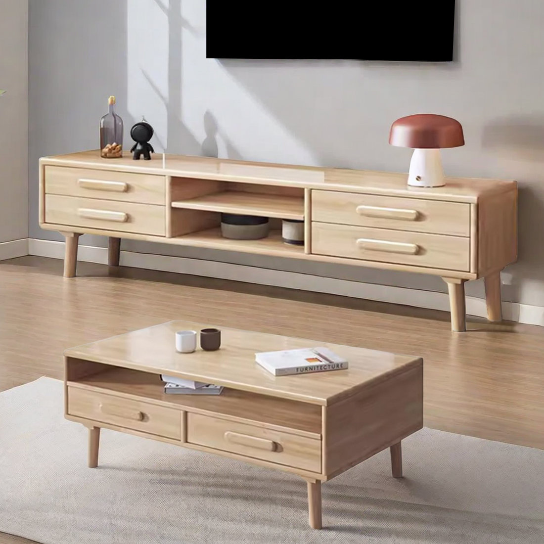 EXCEEB Premium Rubberwood TV Stand & Coffee Table Set 2 - Piece Solid ...