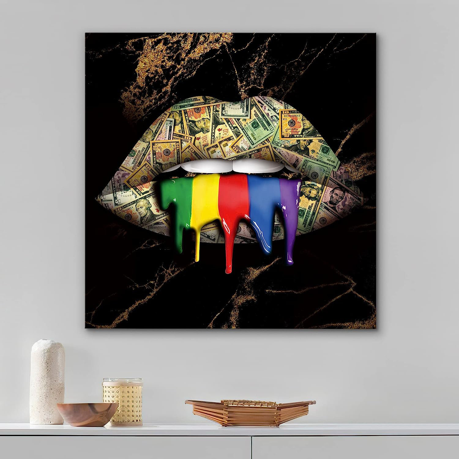IDEA4WALL Colorful Money Dollar Bill Rainbow Lips On Canvas Bold Art ...