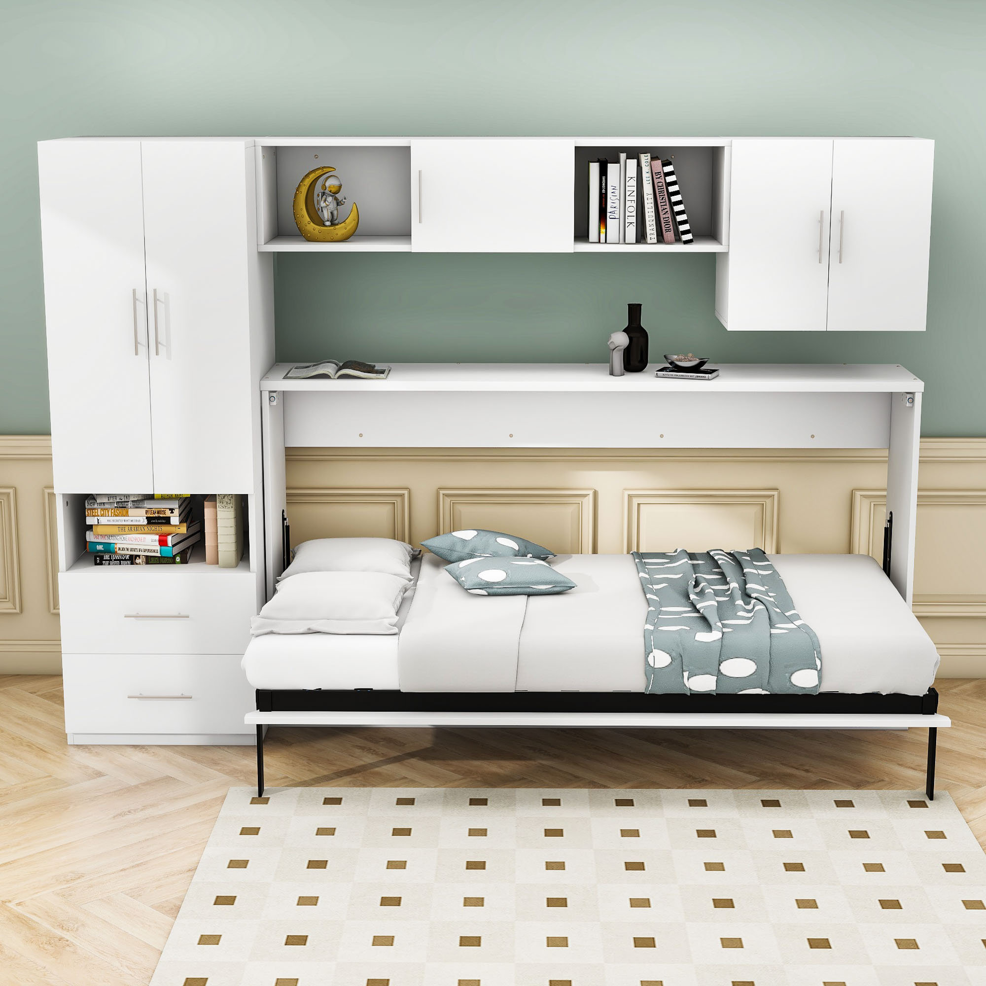 Latitude Run® Twin Murphy Bed with Table, Shelves, Wardrobe and Drawers ...