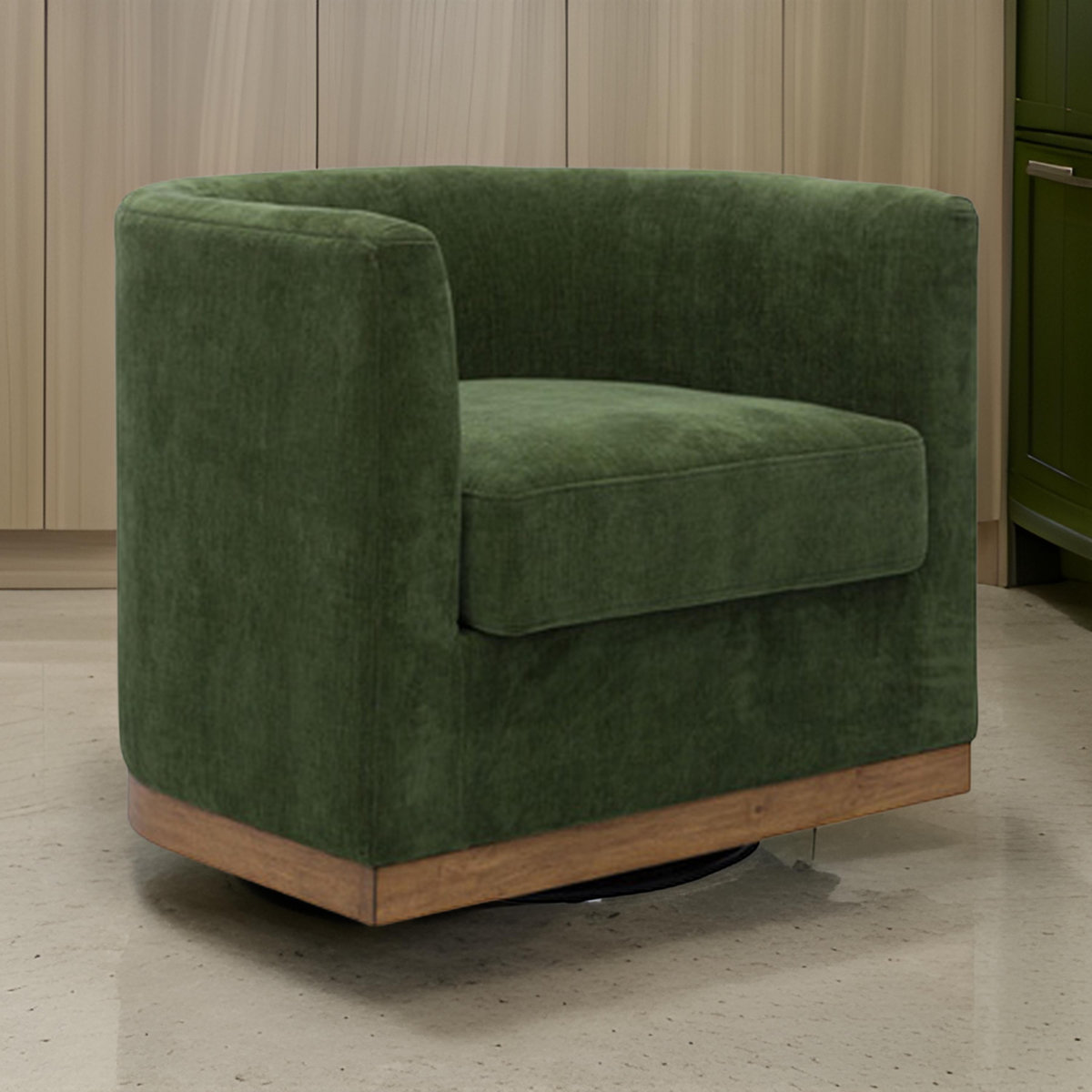 Benjara Swivel Accent Chair, Green Cushioned Fabric, Barrel Style ...