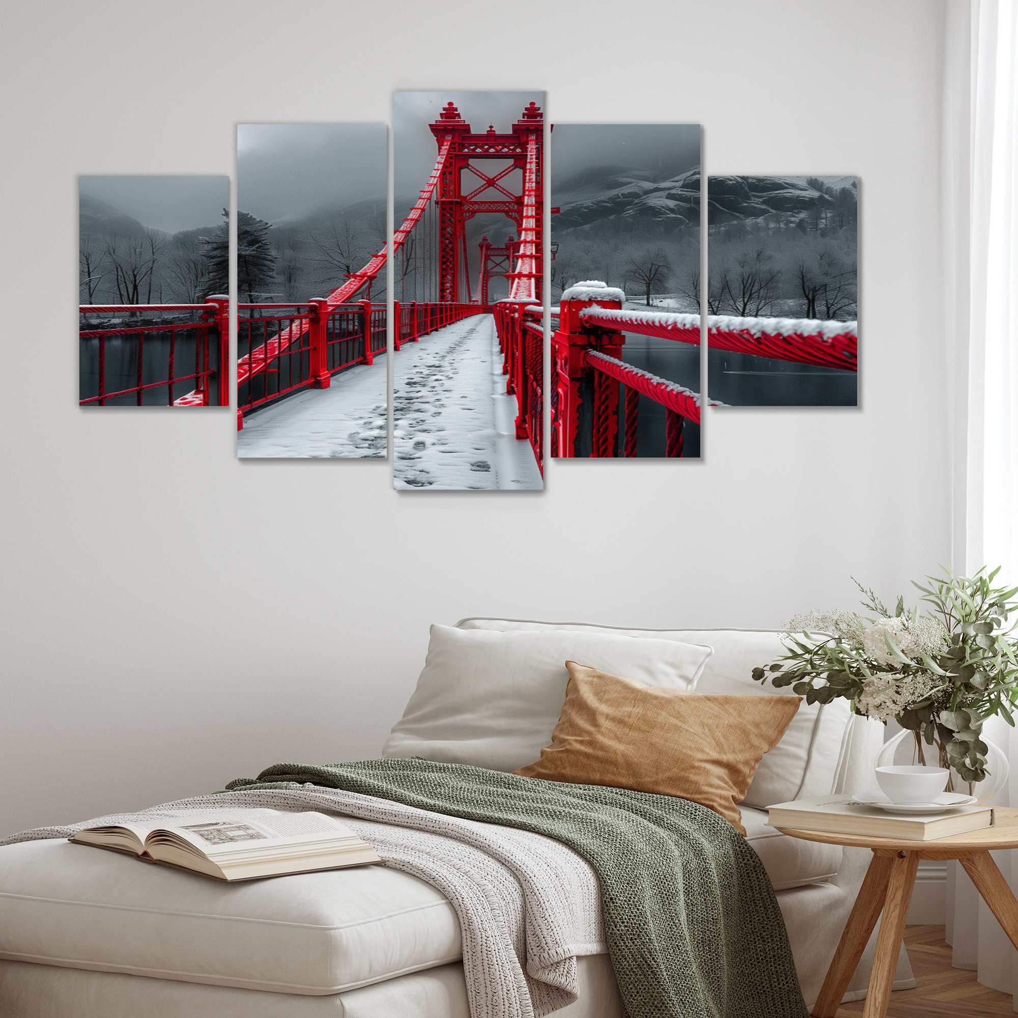 Design Art Red White Winter Walkway Bridge - Bridges Wall Art Set | Wayfair