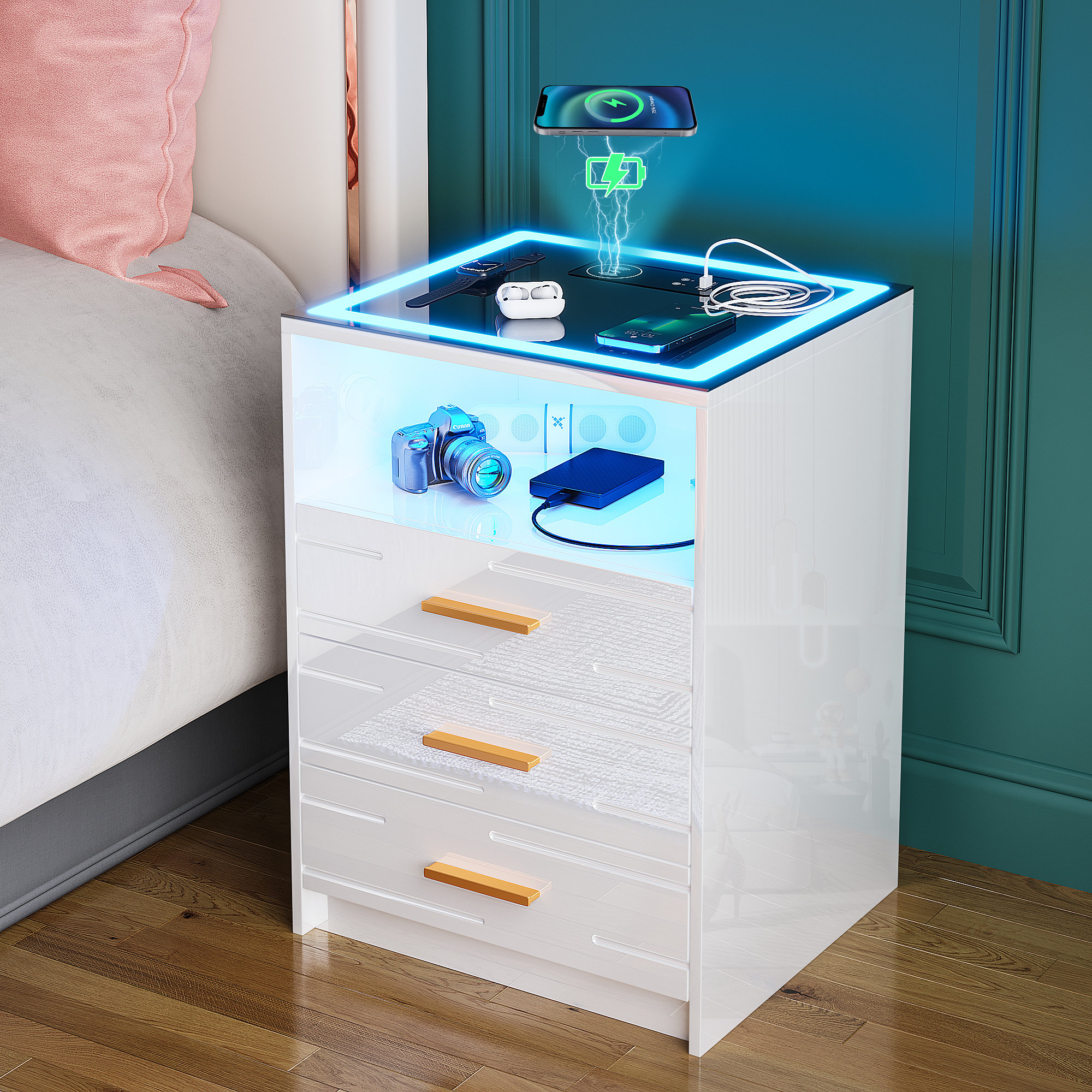Ivy Bronx Knepp LED Nightstand with Wireless Charging Station & Touch ...