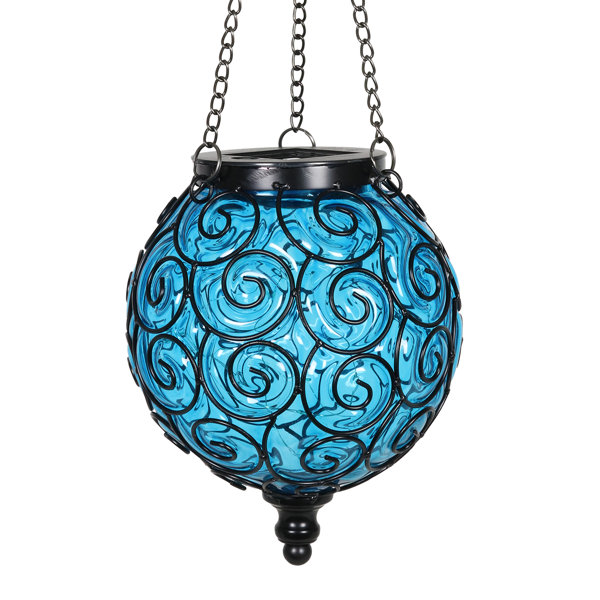 Exhart Solar Round Glass and Metal Hanging Lantern with 15 Cool White ...