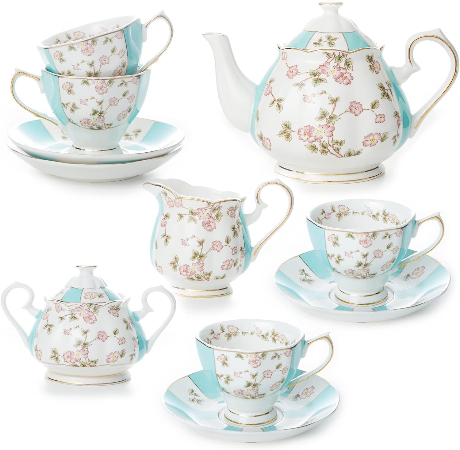 House of Hampton Fine China 15-Piece Coffee Cup/Tea Cup Set,1 Teapot 1 ...