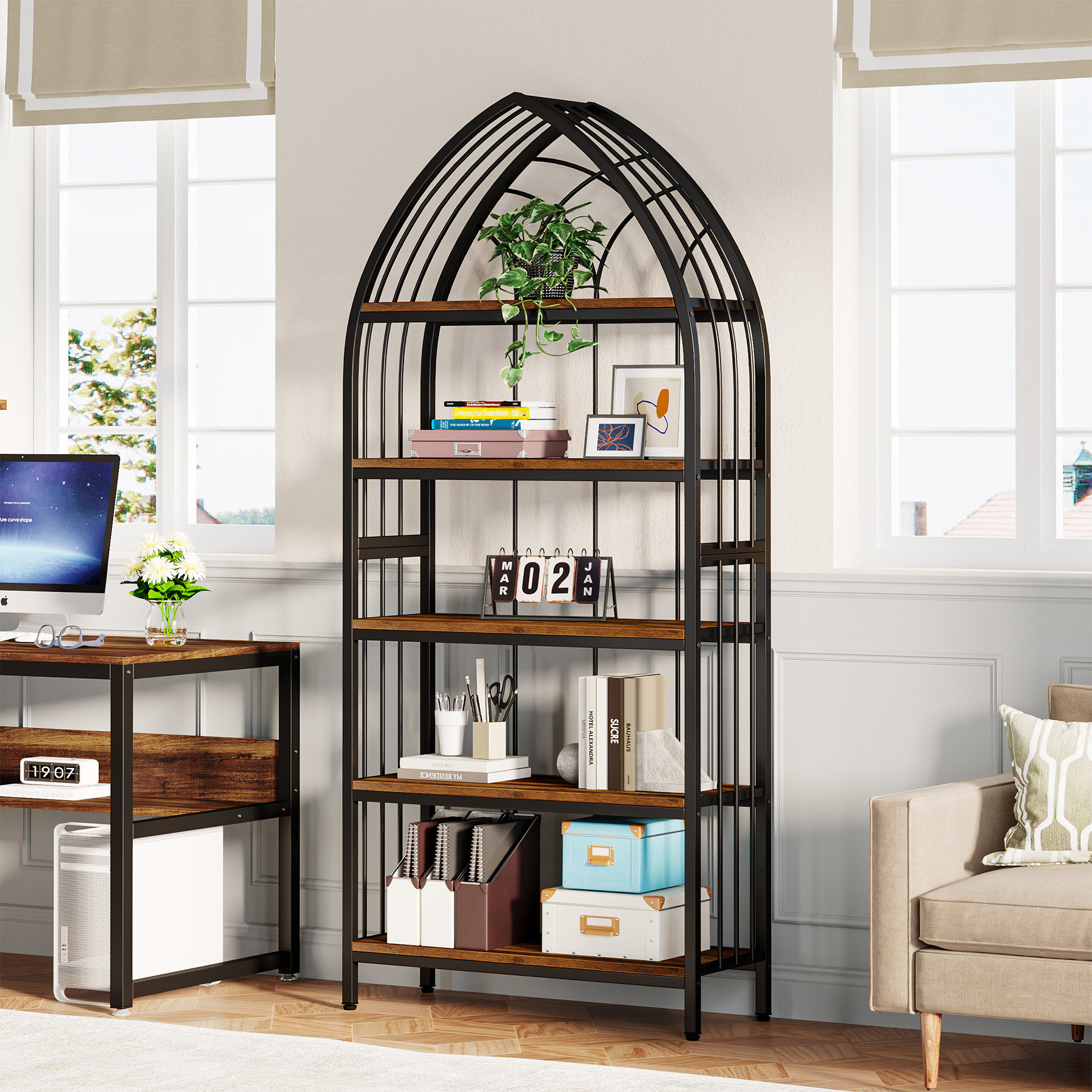 17 Stories Viktoras 74.8-inch Tall Bookshelf Bookcase with Curved Top ...