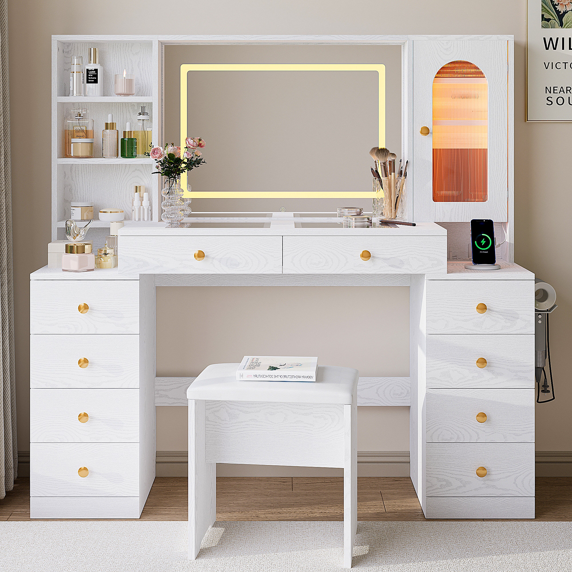 Latitude Run® 55" Large Vanity Desk With Mirror & Lights, 10-Drawer ...