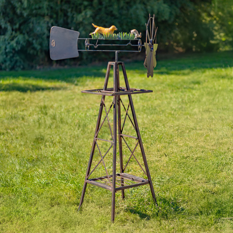 August Grove® 59.8" Tall Iron Windmill with Dog Chasing Rabbit on ...