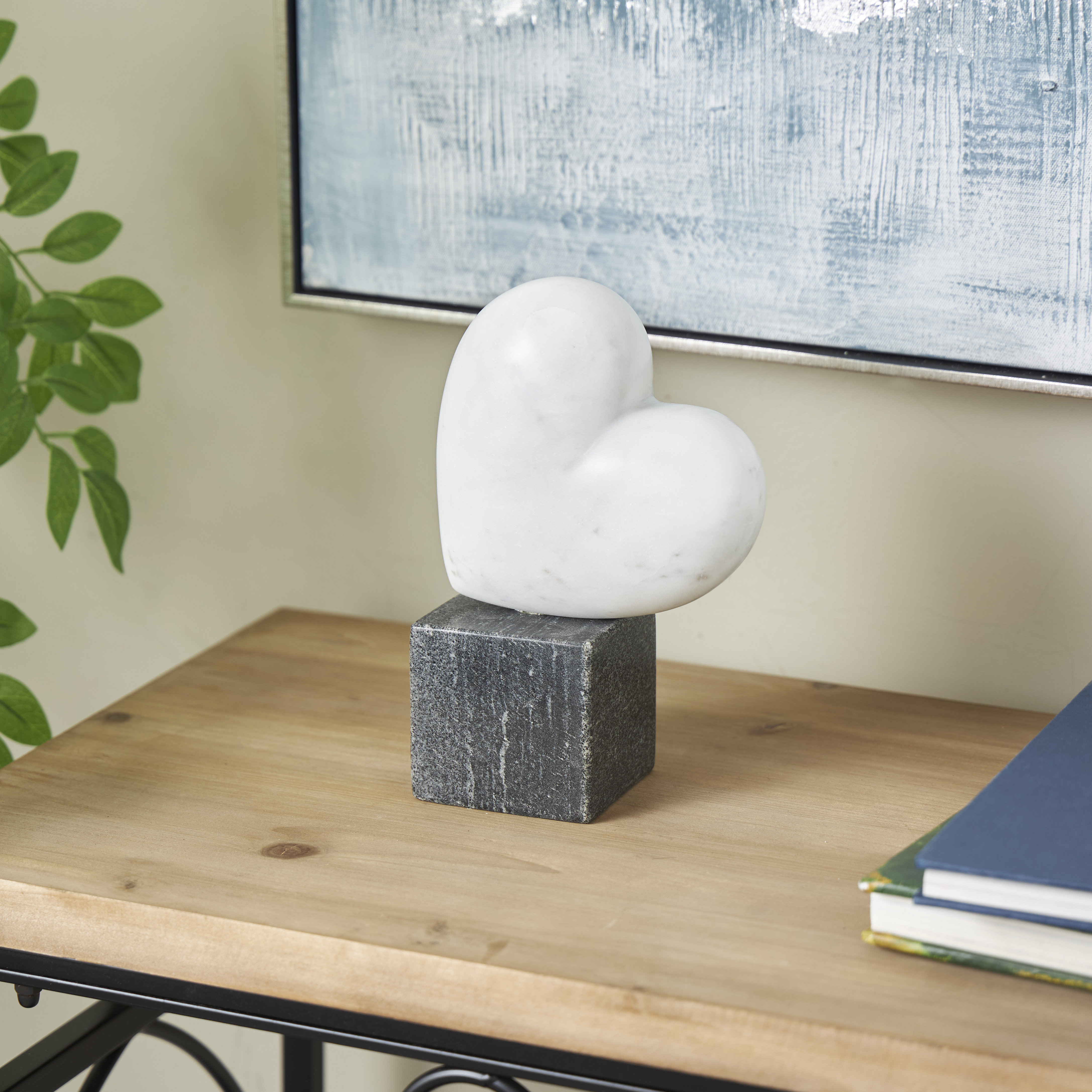 Wrought Studio Cole And Grey Marble Slanted Heart Sculpture With Black ...