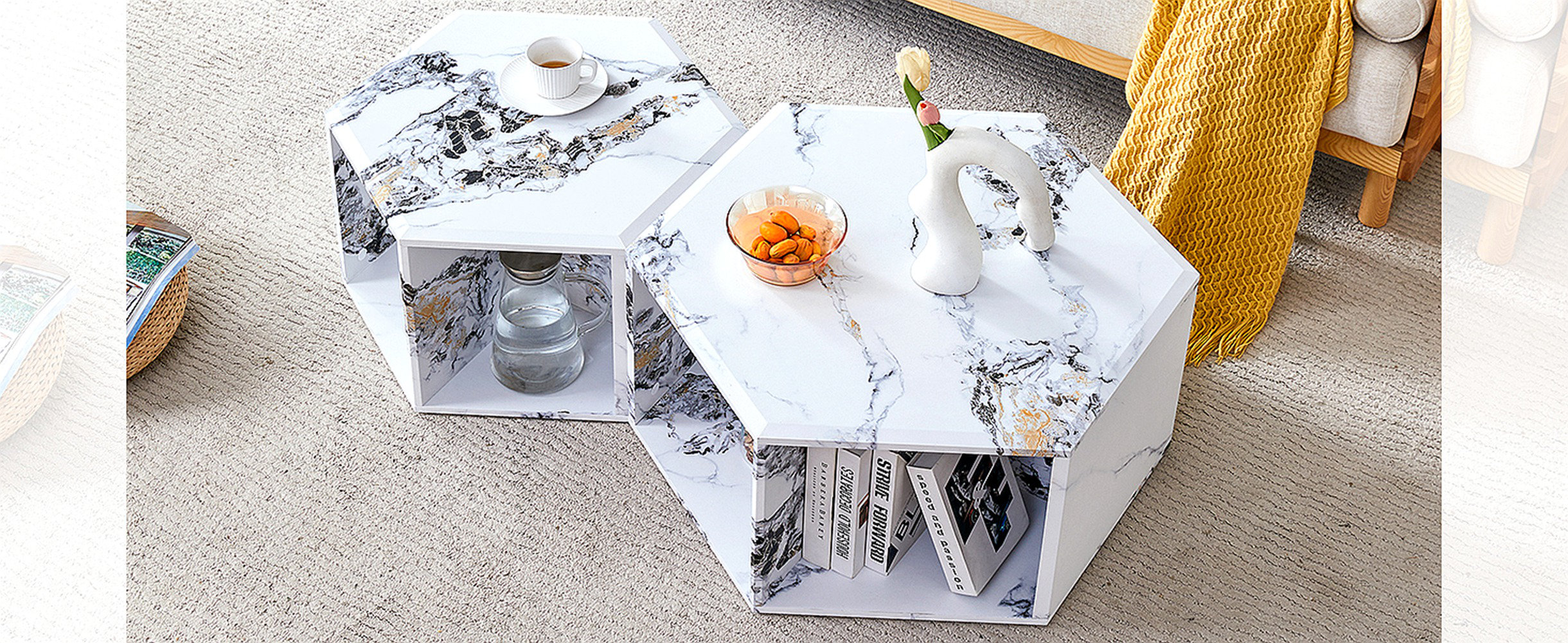 Wrought Studio™ Minimalist White Patterns Hexagonal Coffee Table Set ...