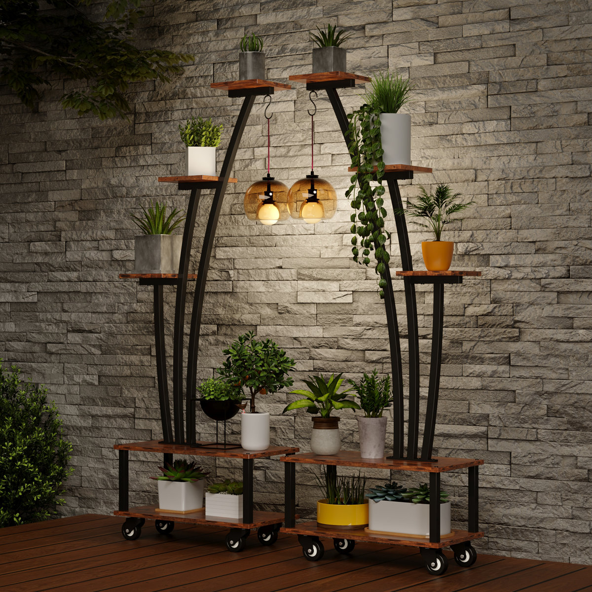 17 Stories 5-tiered Indoor Metal Curved Plant Stand With Hooks And ...