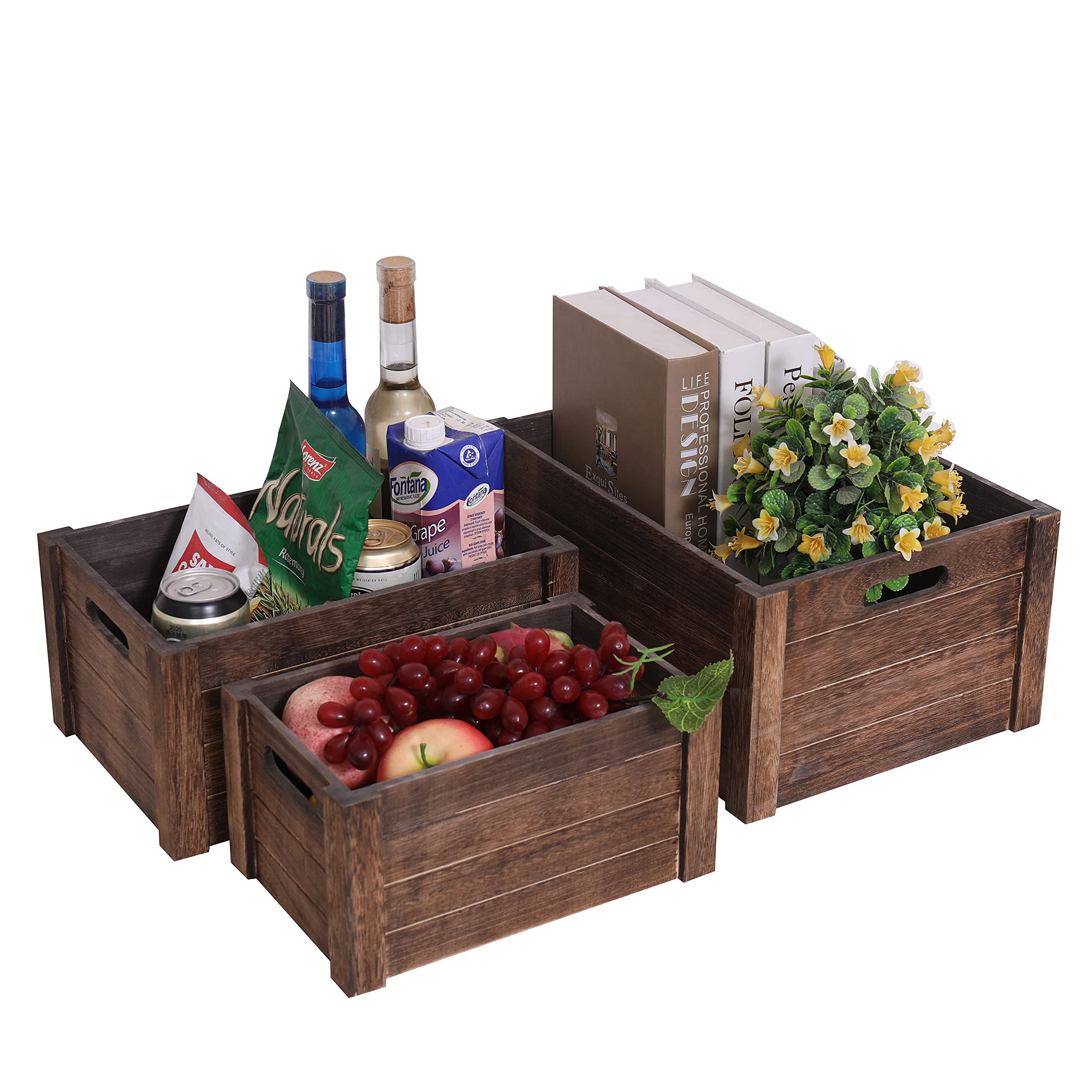 Gracie Oaks Set of 3 Rustic Black Wooden Crates – Extra Large Farmhouse ...