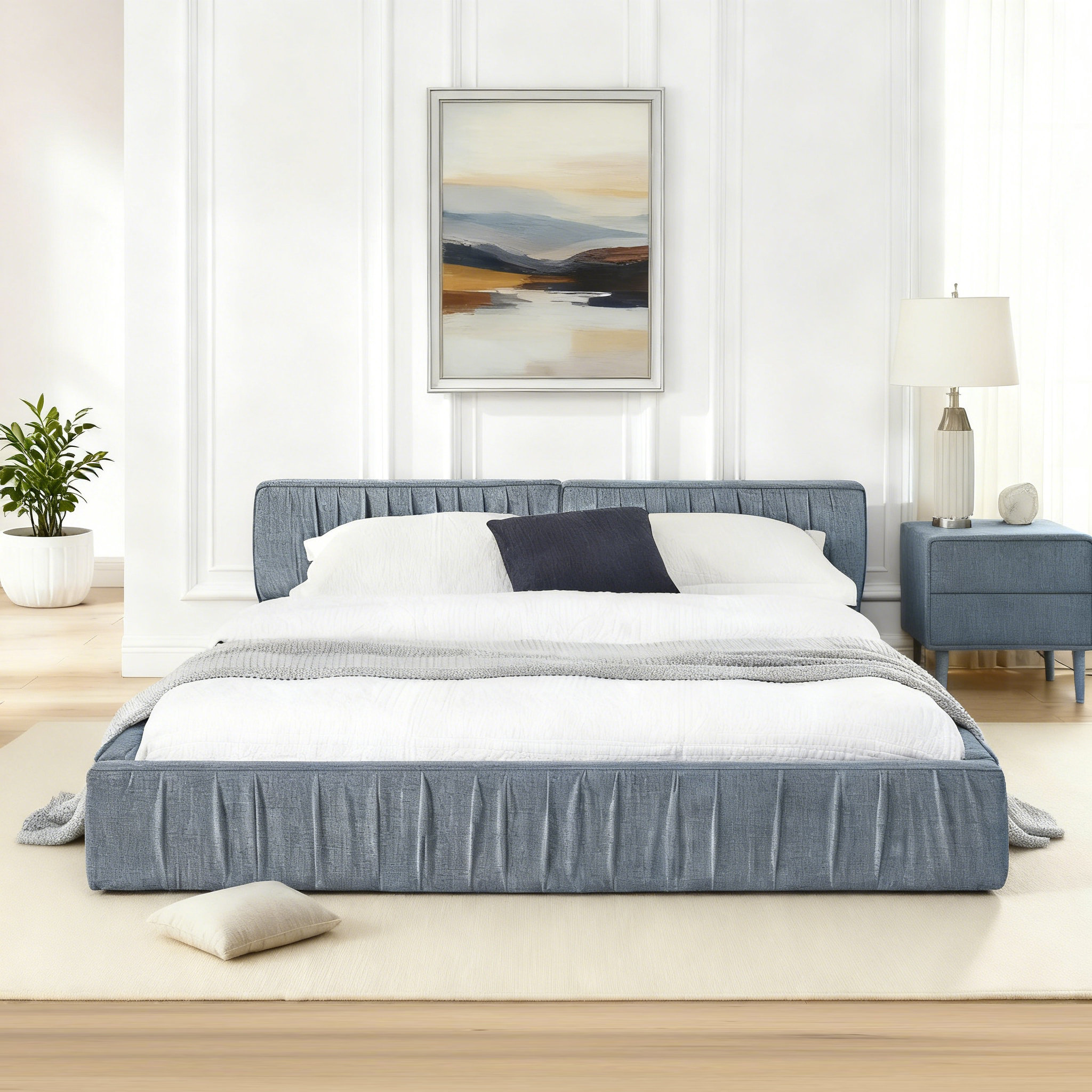 Latitude Run® Queen Upholstered Platform Bed With Pleated Chenille ...