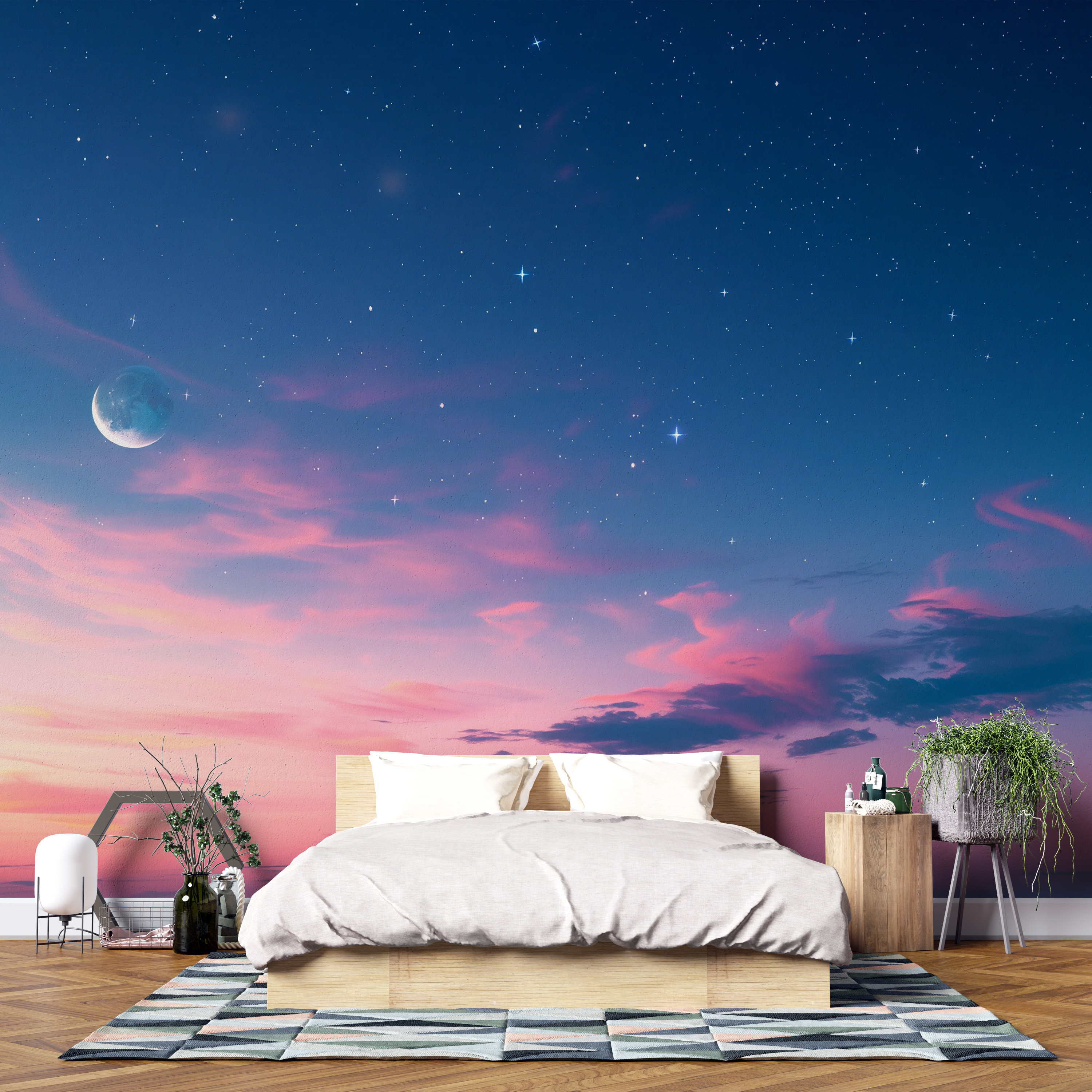 Hokku Designs Moonlight Sky Wall Mural – Pink Sunset Clouds & Starry ...