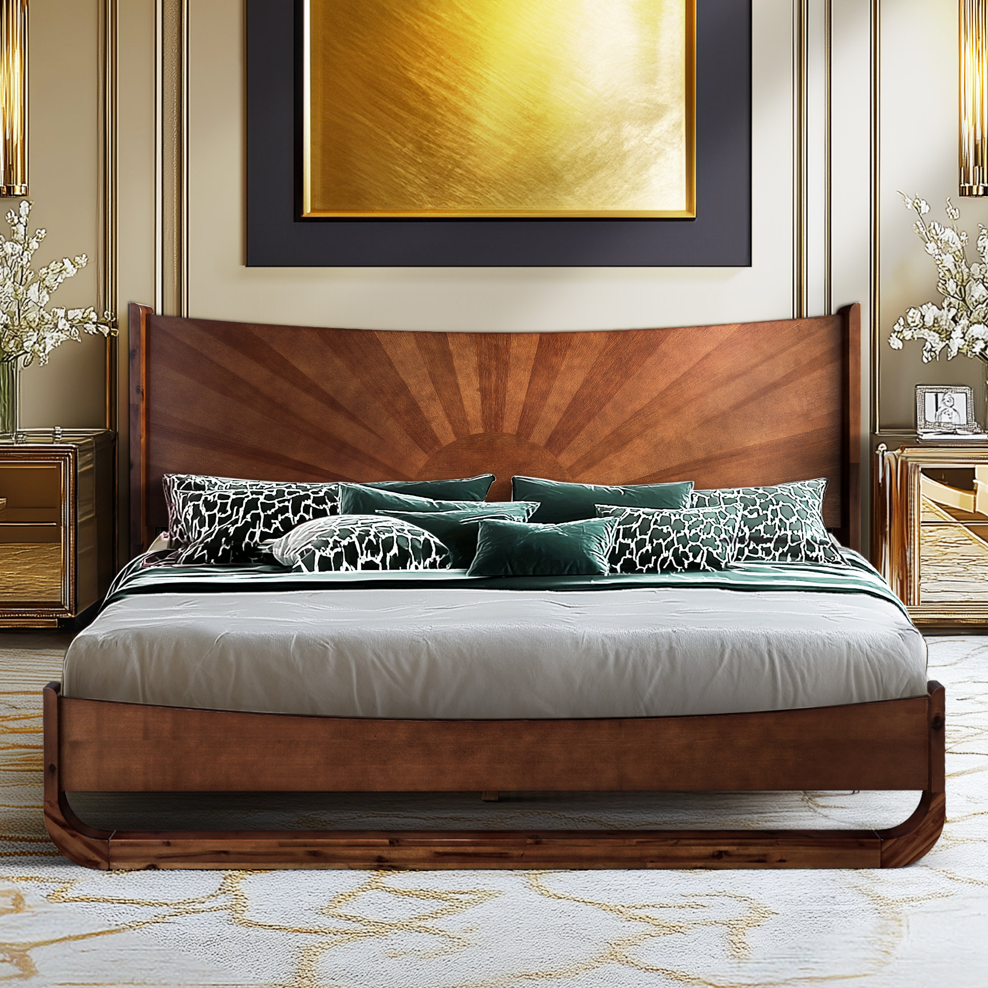 Loon Peak® Sunset Solid Wood Bed Frame Solid Wood Bed Frame with Artistic Patterned Headboard ...