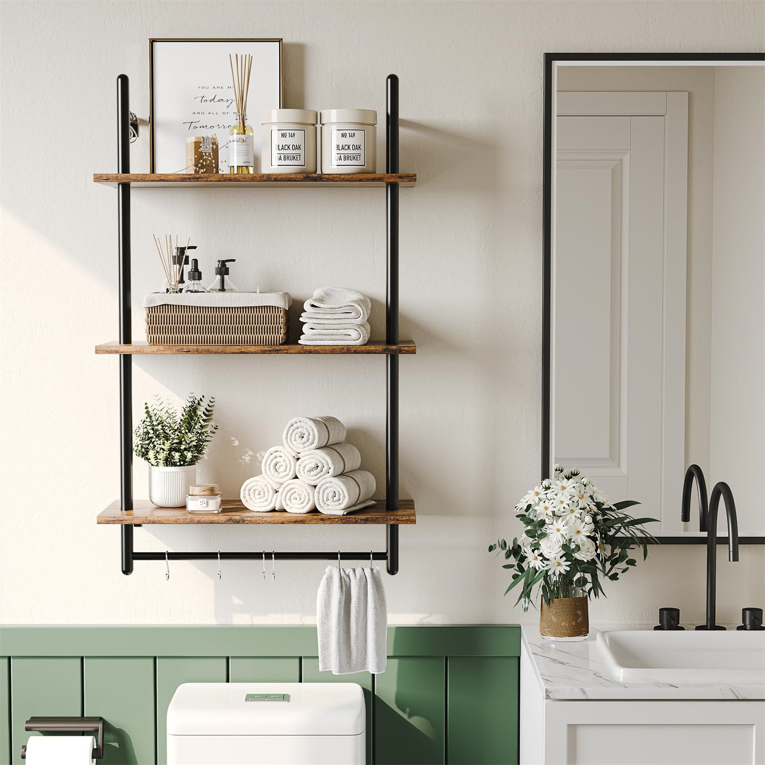 17 Stories Country Rustic 3-Tier Wall-Mounted Shelves With Towel Bar ...