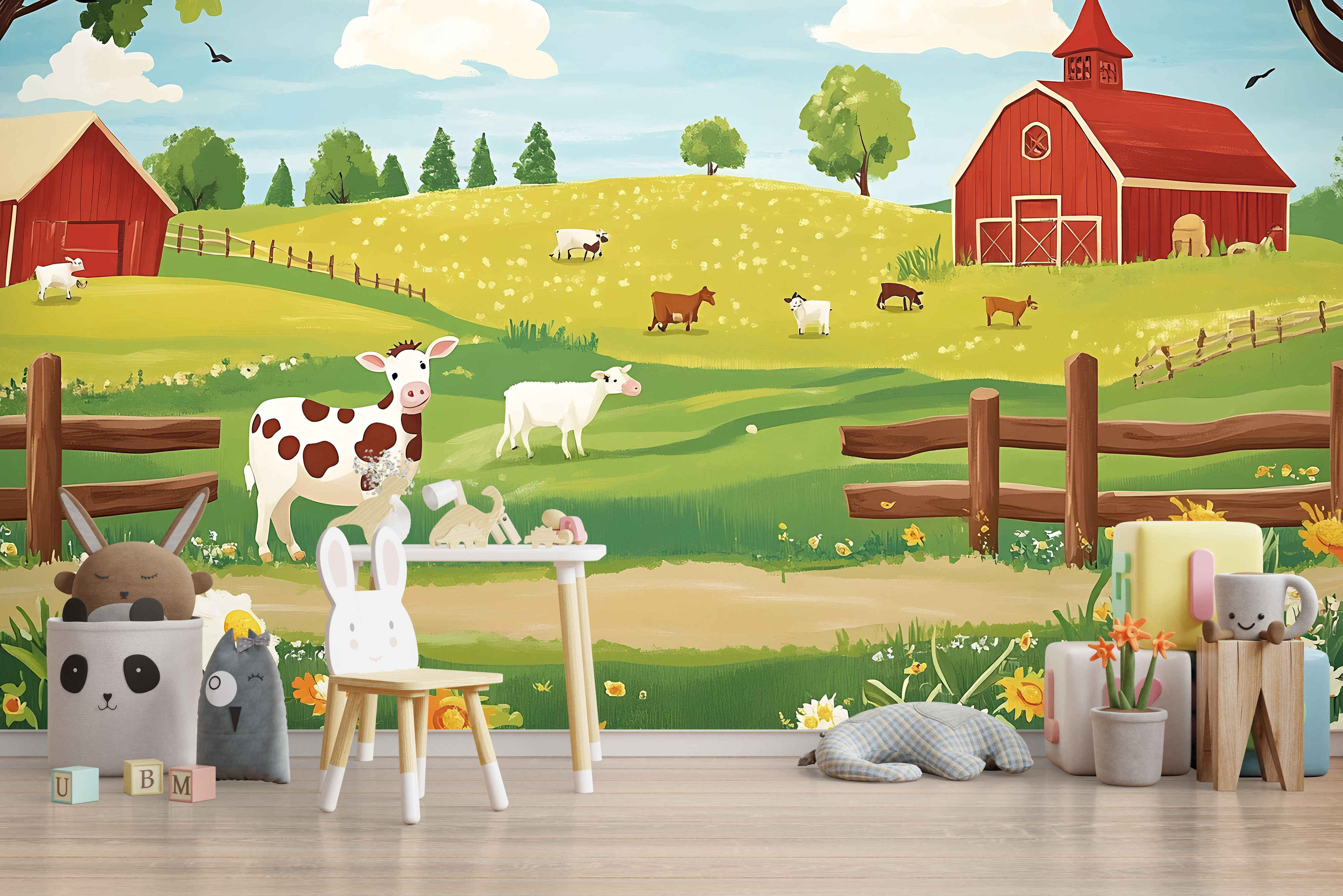 Harper Orchard Cute Cartoon Farm Wallpaper With Baby Cow, Goat, Giraffe ...