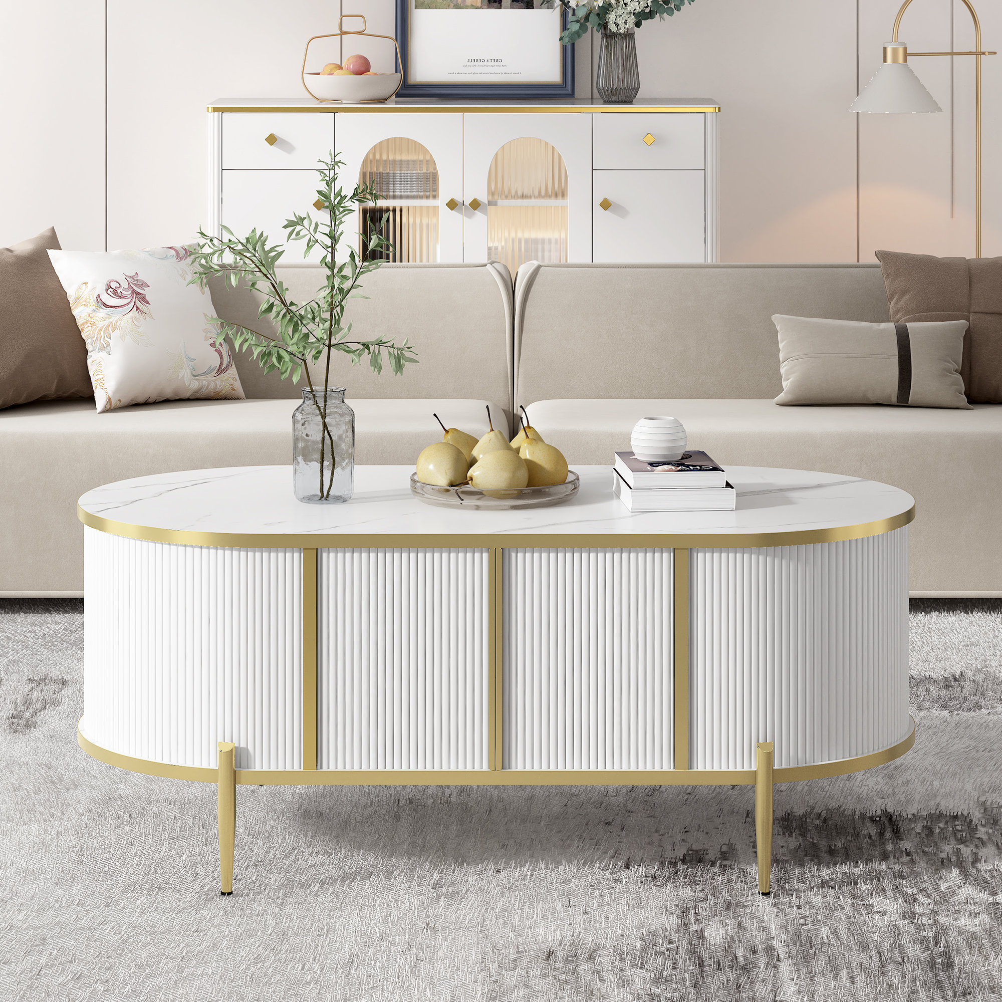 Mercer41 Oval Shaped Coffee Table, Marble-Patterned Top Coffee Table ...