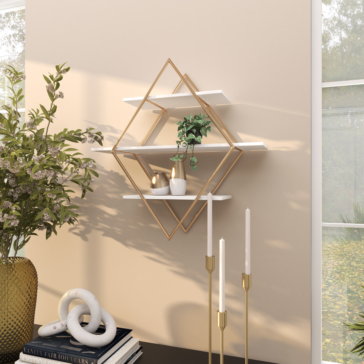 Willa Arlo™ Interiors Wooden 3 Shelves Wall Shelf with Diamond Shape ...