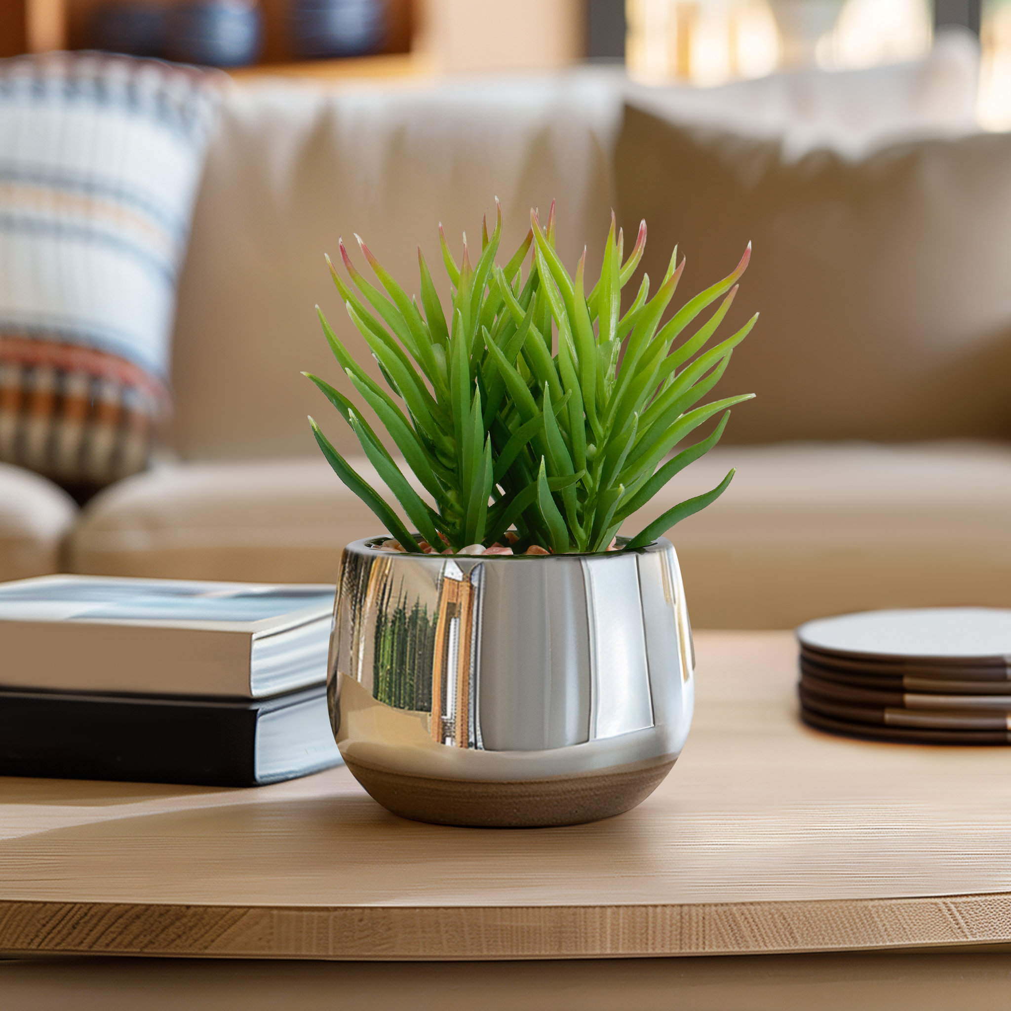 Primrue Mini Faux Echeveria Succulent in Chrome Silver Ceramic Pot ...