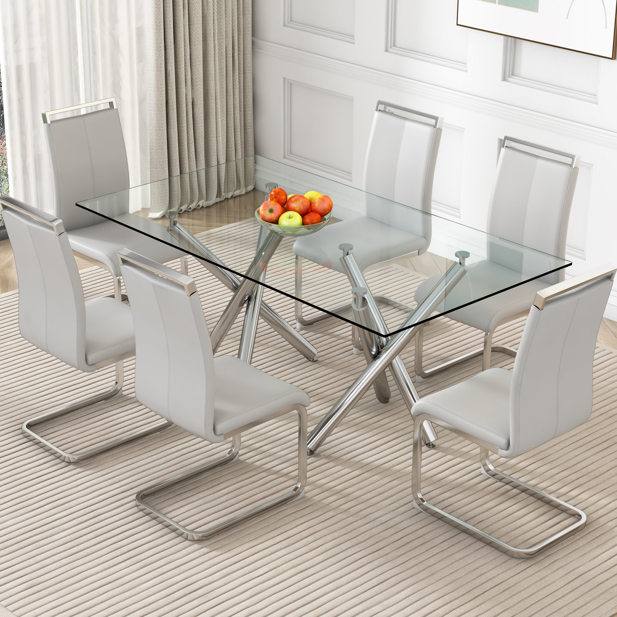 Ivy Bronx Daarina Rectangle Glass Top Double Pedestal Dining Table Set ...