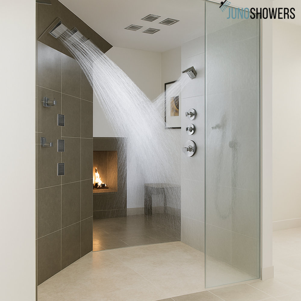Juno Showers Premium brushed nickel shower system with rainfall ...
