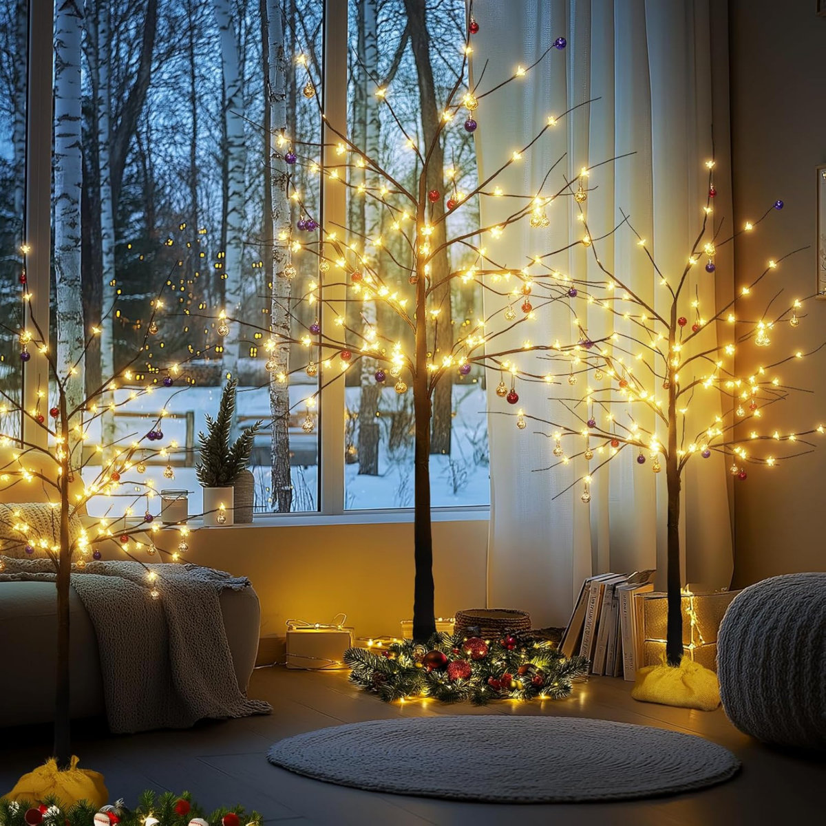 The Holiday Aisle® Set Of 3 Birch Tree With LED Lights, Pre Lit ...