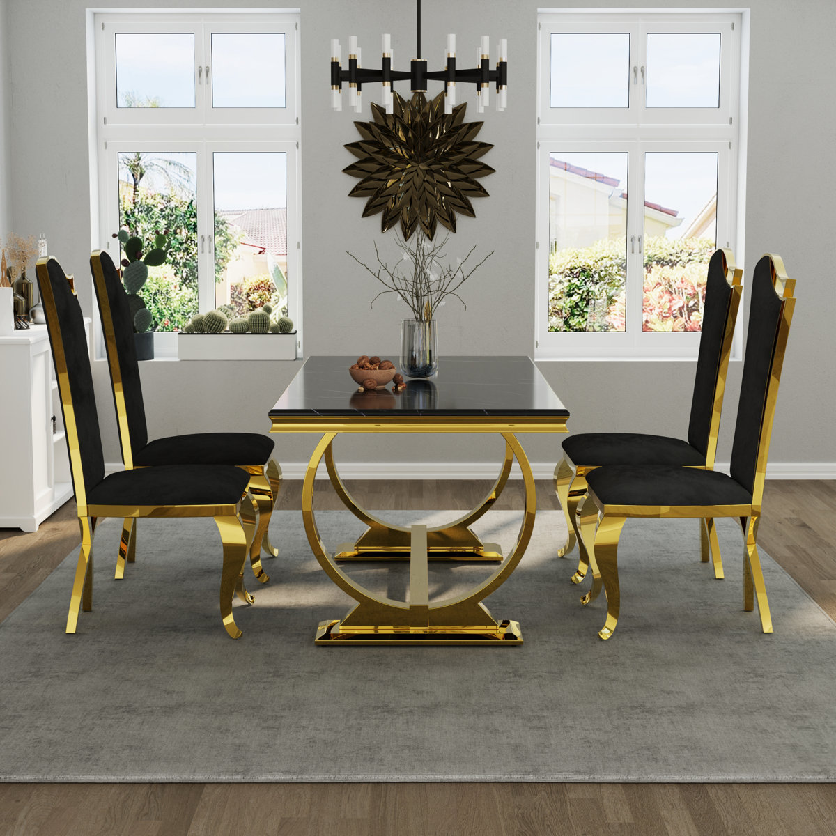 Everly Quinn Luxury Black And Gold Dining Table Set With 4 Black Velvet ...