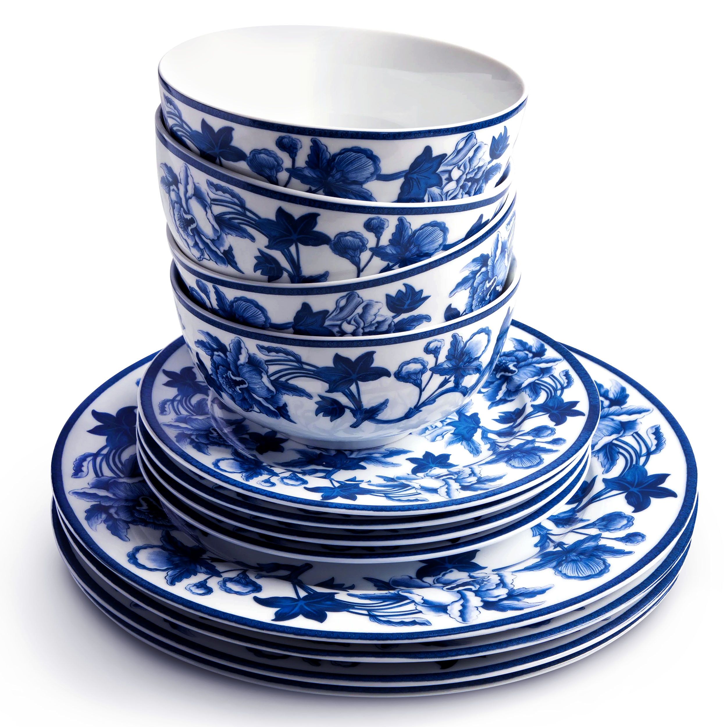 Martha Stewart Blue Vintage 12 Piece Fine Ceramic Dinnerware Set In ...